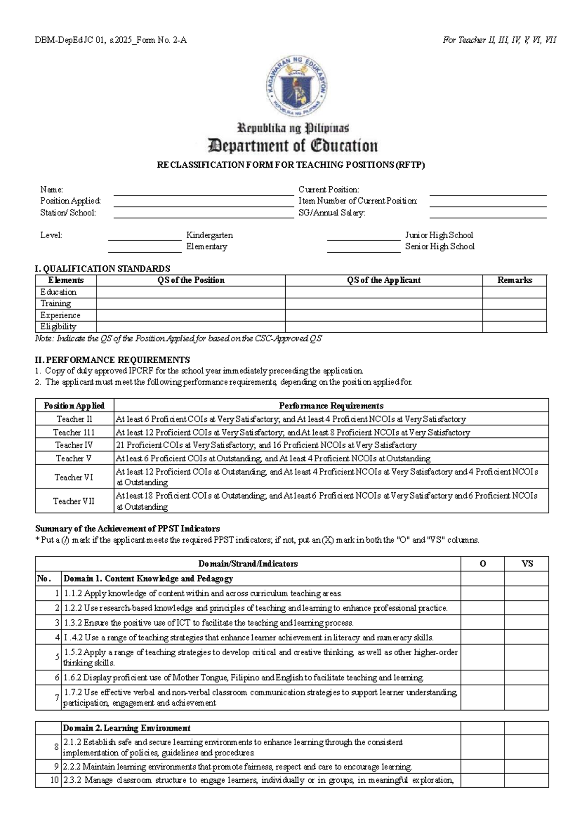 JC 01, s.2025 - RFTP Form for Teacher II to VII Reclassification - Studocu