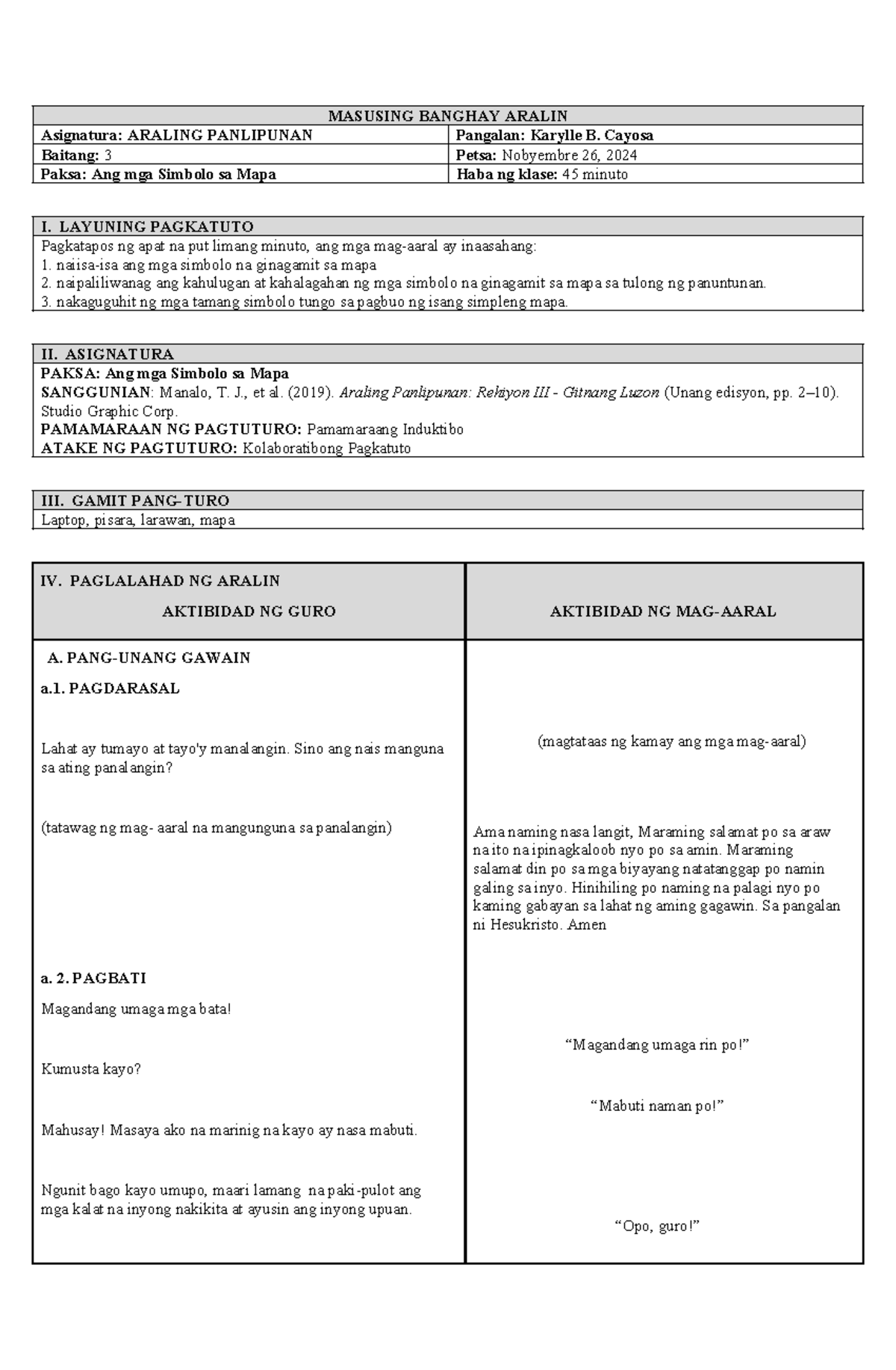 Masusing Banghay Aralin sa Araling Panlipunan Baitang 3: Simbolo sa ...