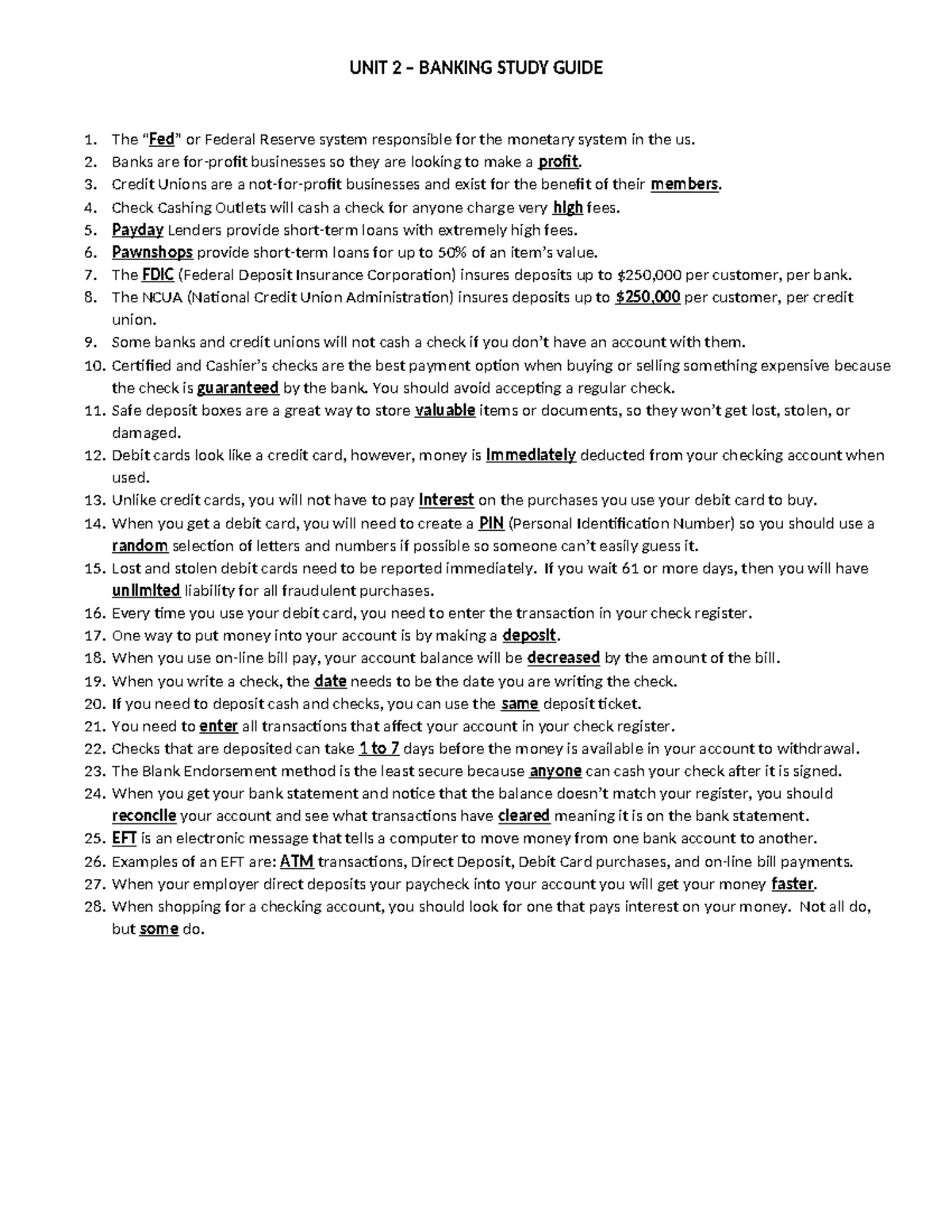 Unit 2 Banking Study Guide: Key Concepts and Key Terms - Studocu