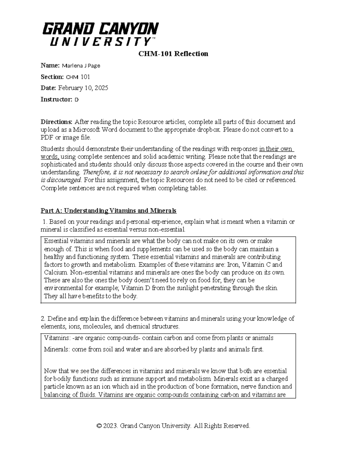 CHM 101 Final Reflection on Vitamins and Minerals Understanding - Studocu