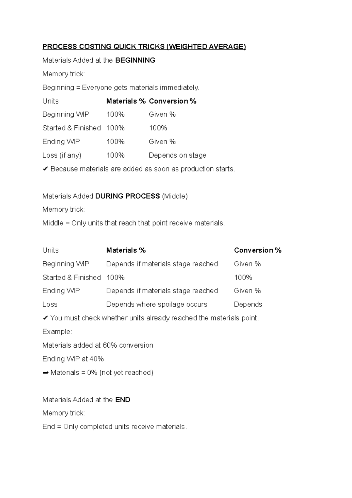 Process Costing Quick Tricks (Weighted Average) - Exam Summary - Studocu