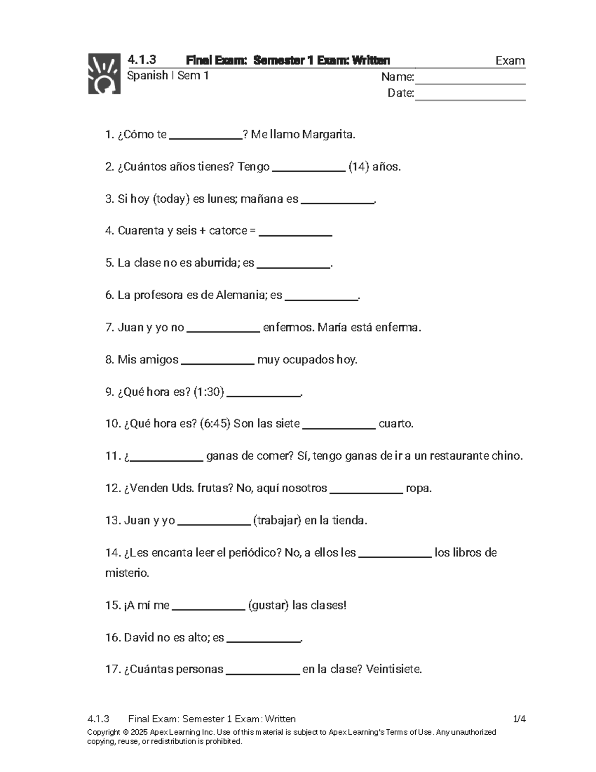Spanish I Sem 1: Final Exam (Written) 4.1.3 - Studocu