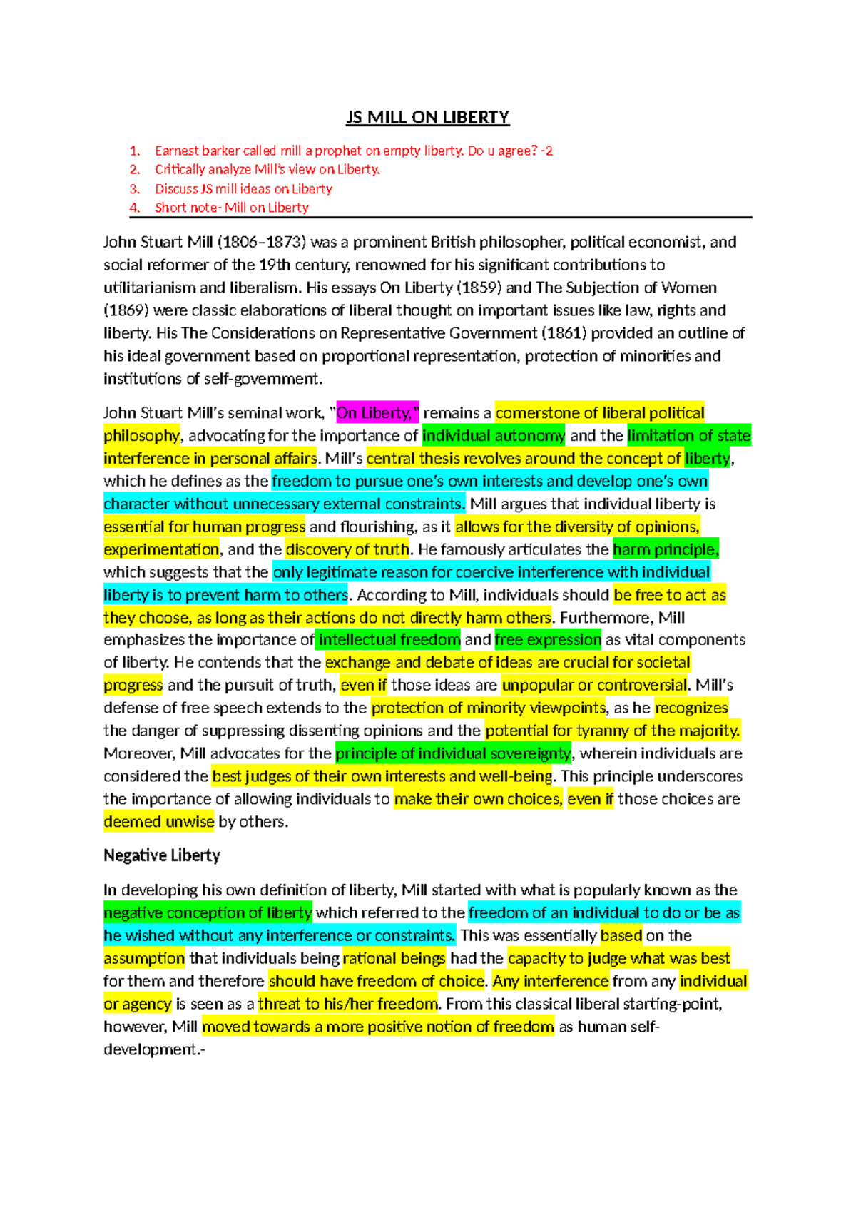 Unit 3: J.S. Mill's On Liberty - Comprehensive Study Notes - Studocu