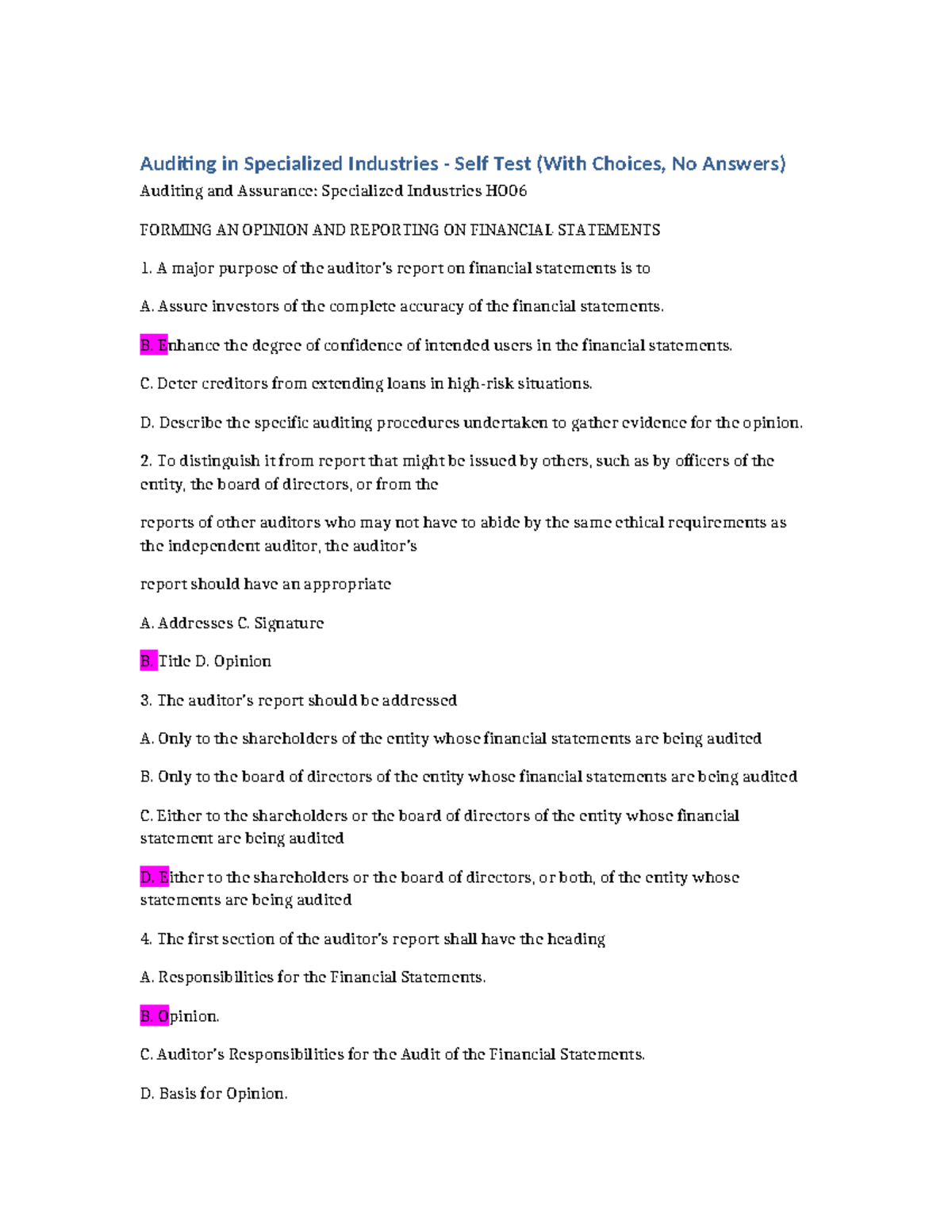 Auditing and Assurance Self Test: Specialized Industries HO06 - Studocu