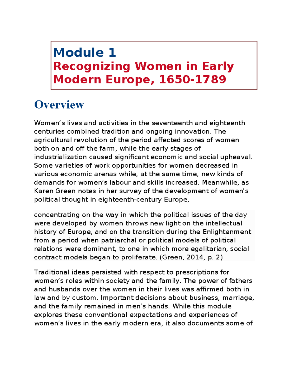Module 1 - Women's History Discussion: Early Modern Europe, 1650-1800 ...