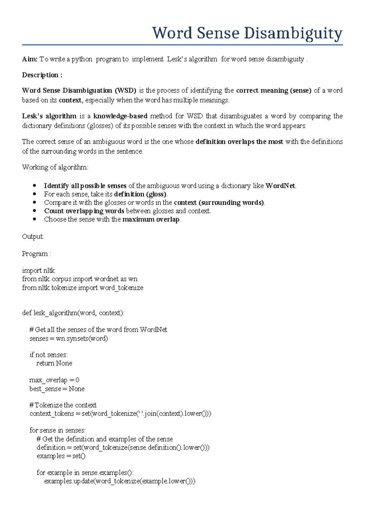 Word Sense Disambiguation Algorithm Implementation (CS101) - Studocu