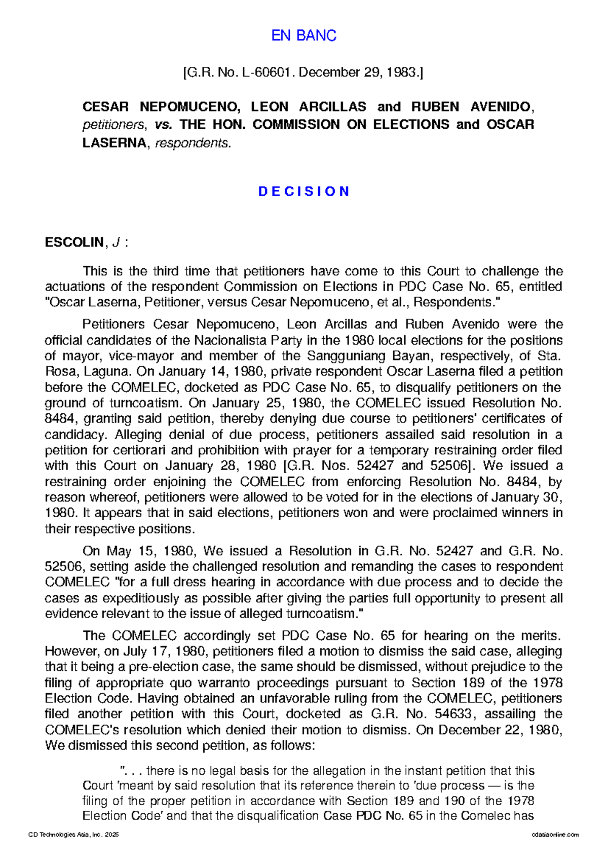 Nepomuceno v. Commission on Elections - EN BANC [G. No. L-60601 ...
