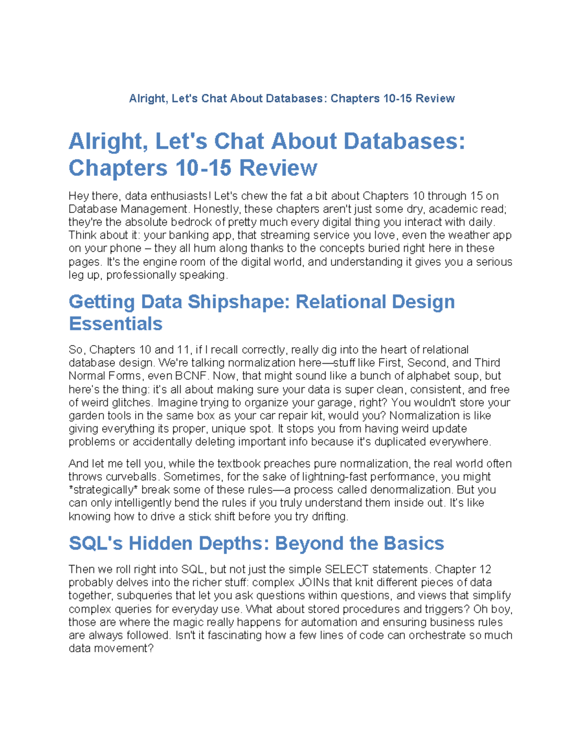 Database Management for Beginners: Chapters 10-15 Review - Studocu