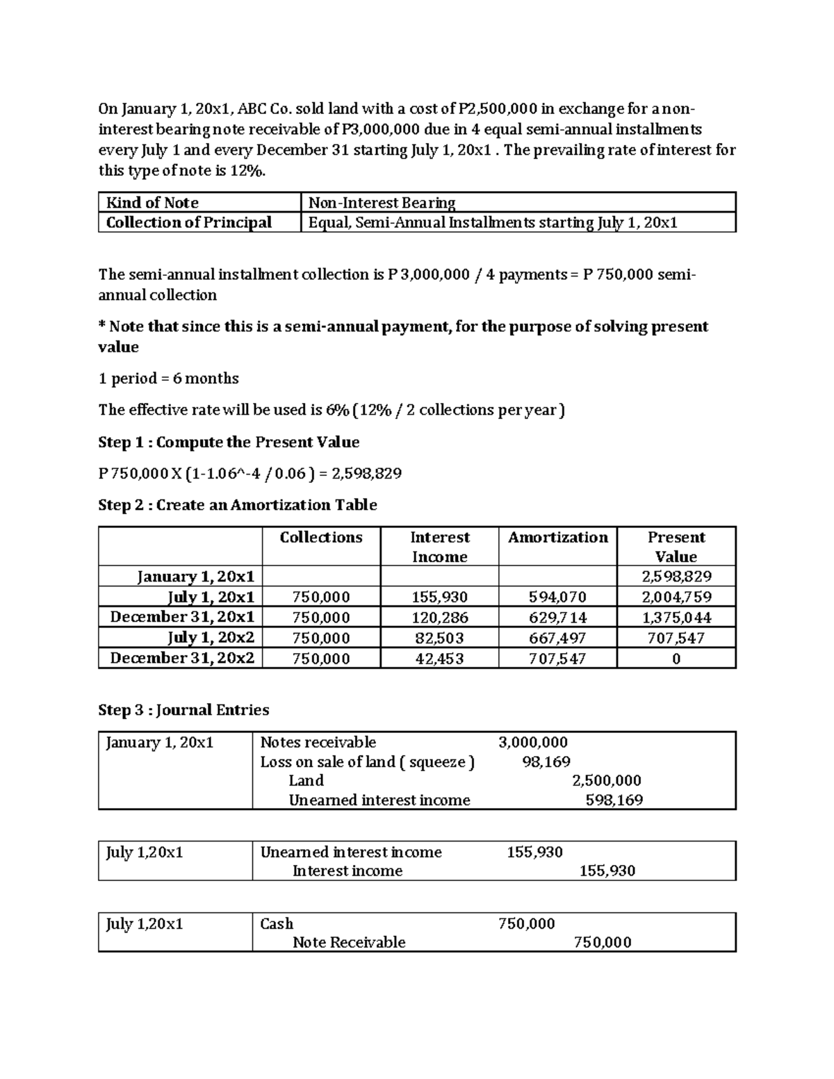 NOTE-CASE-8: Present Value & Amortization of Noninterest Bearing Note ...