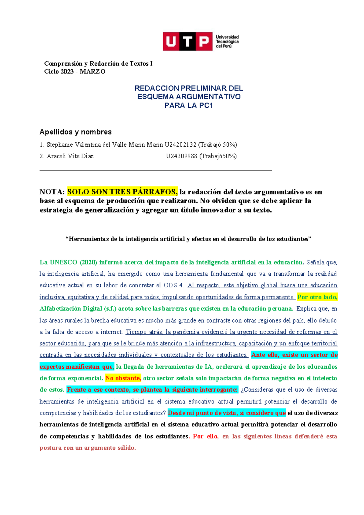 Redacción Preliminar del Esquema Argumentativo para PC1 - Ciclo 2023 - Studocu