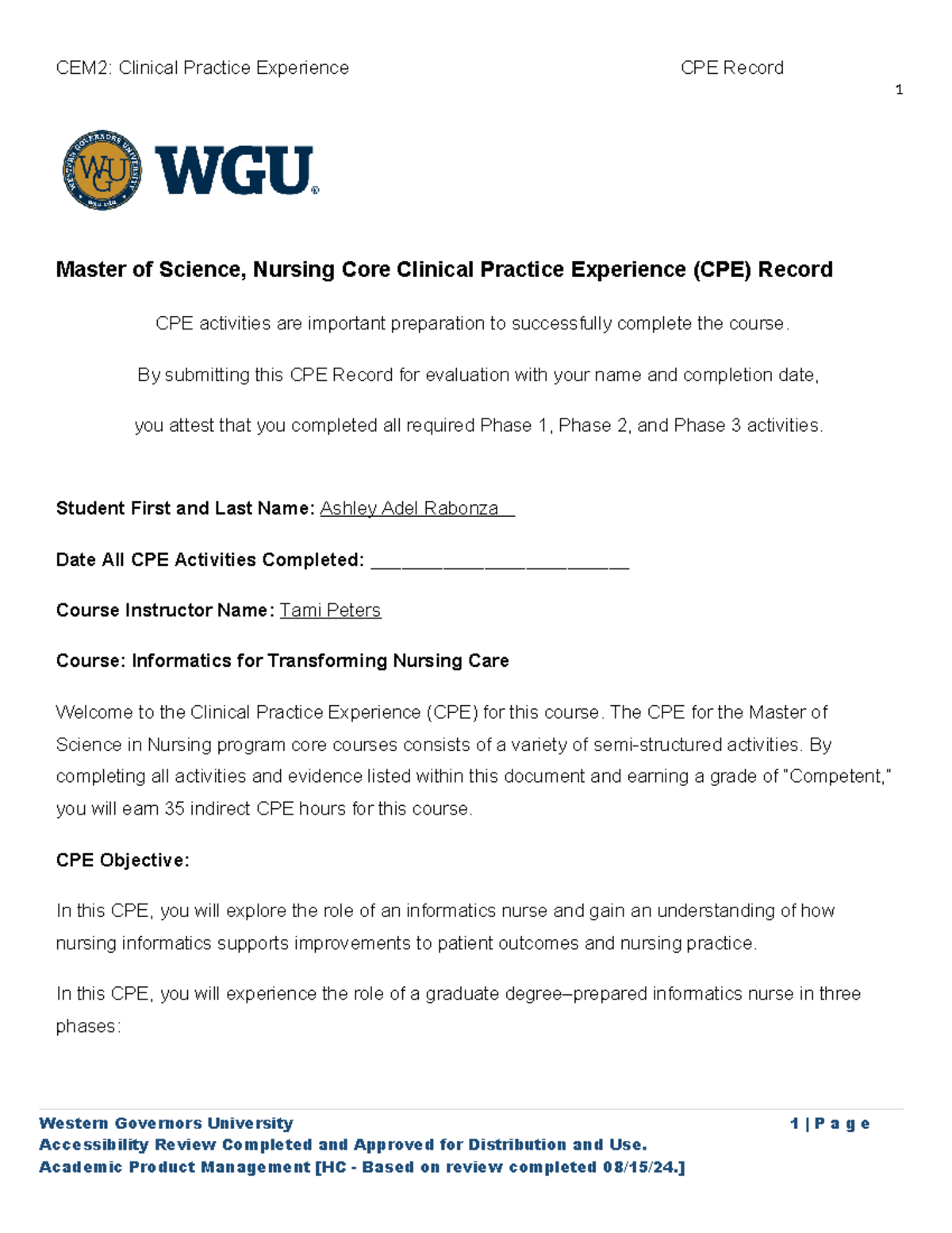 CPE Record - Nursing Informatics Experience (MSN 101) by A. Rabonza ...