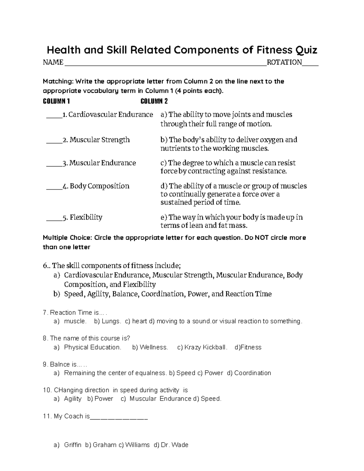PE 101: Health & Skill Components of Fitness Quiz - Studocu