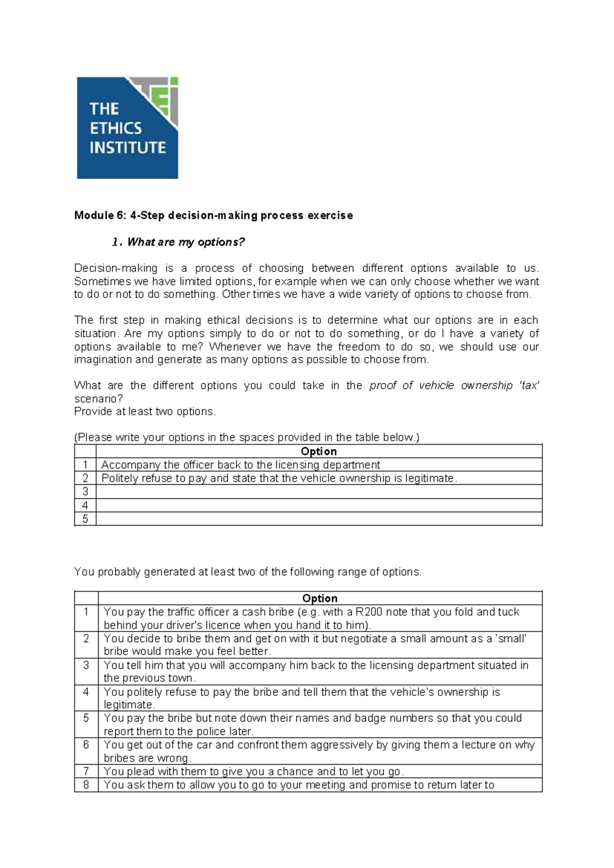 Module 6: Decision-Making Process Exercise 1 - Evaluating Options - Studocu