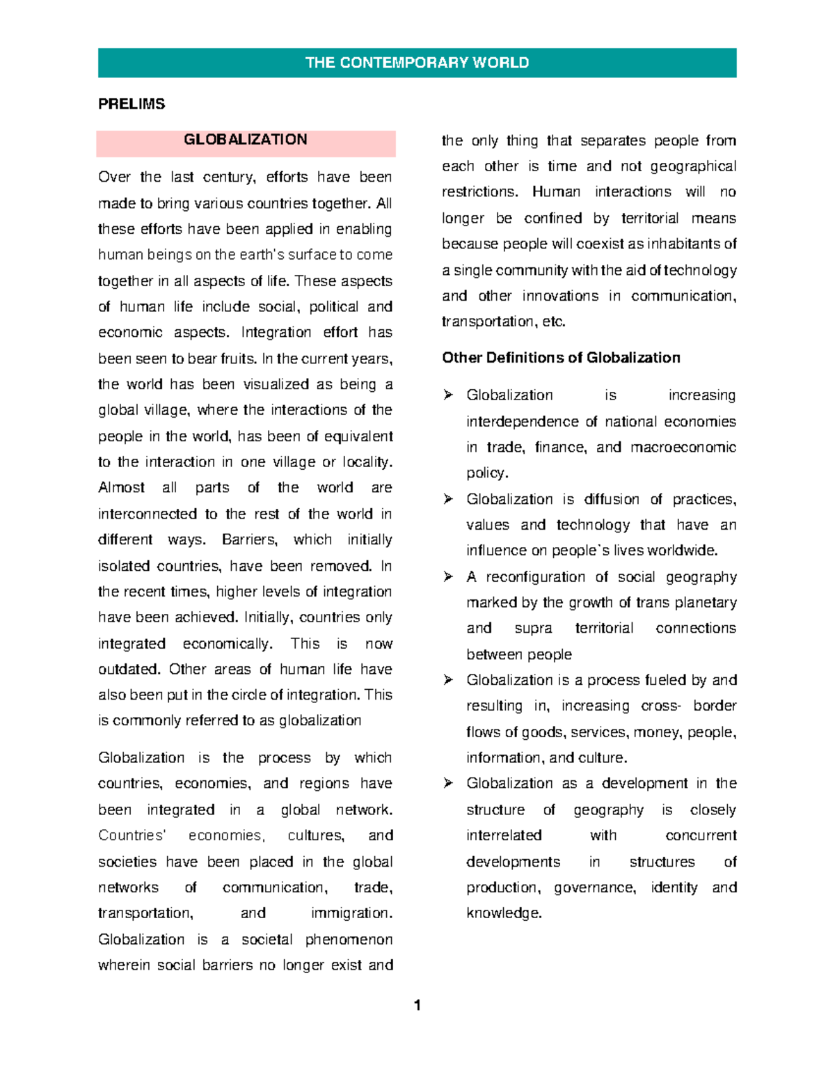 TCW - Notes | Reviewer - PRELIMS GLOBALIZATION Over the last century ...