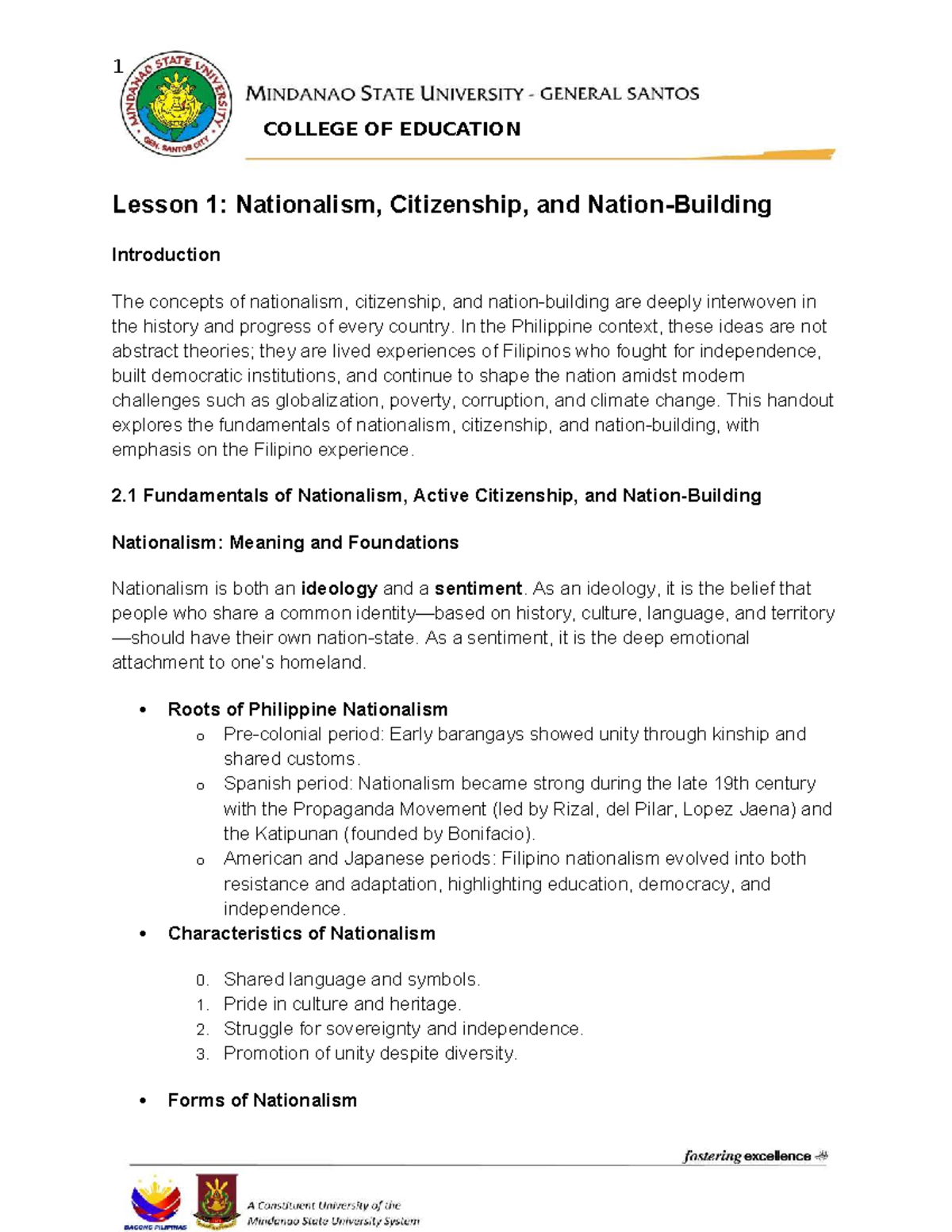 NSTP Handout Lesson 1-3: Nationalism, Citizenship, and Human Rights ...