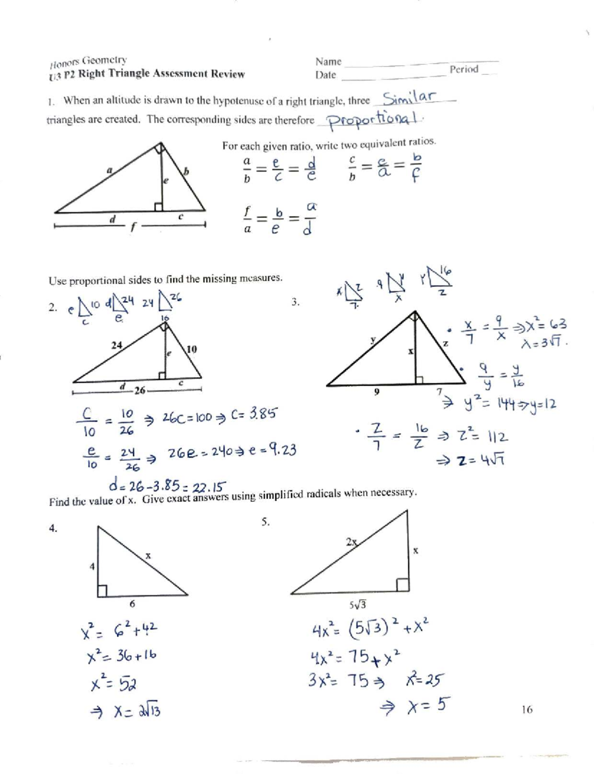 Honors Geometry U3 P2 Right Triangle Assessment Review - Studocu