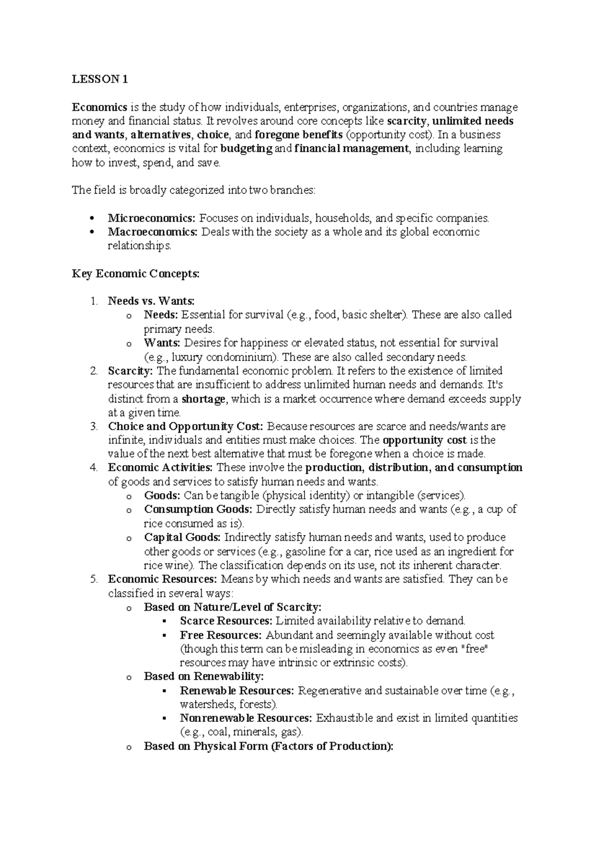 SBA Summary: Key Concepts in Economics, HRM, POM, and Marketing ...