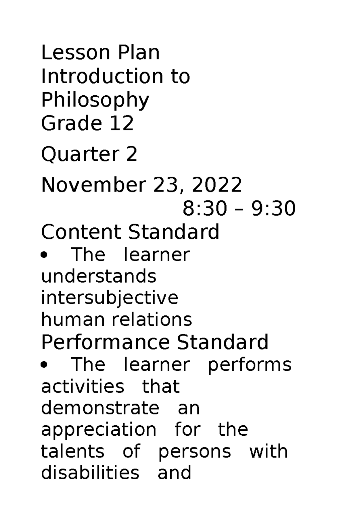 Grade 12 Lesson Plan: Introduction to Philosophy (Q2) - Studocu