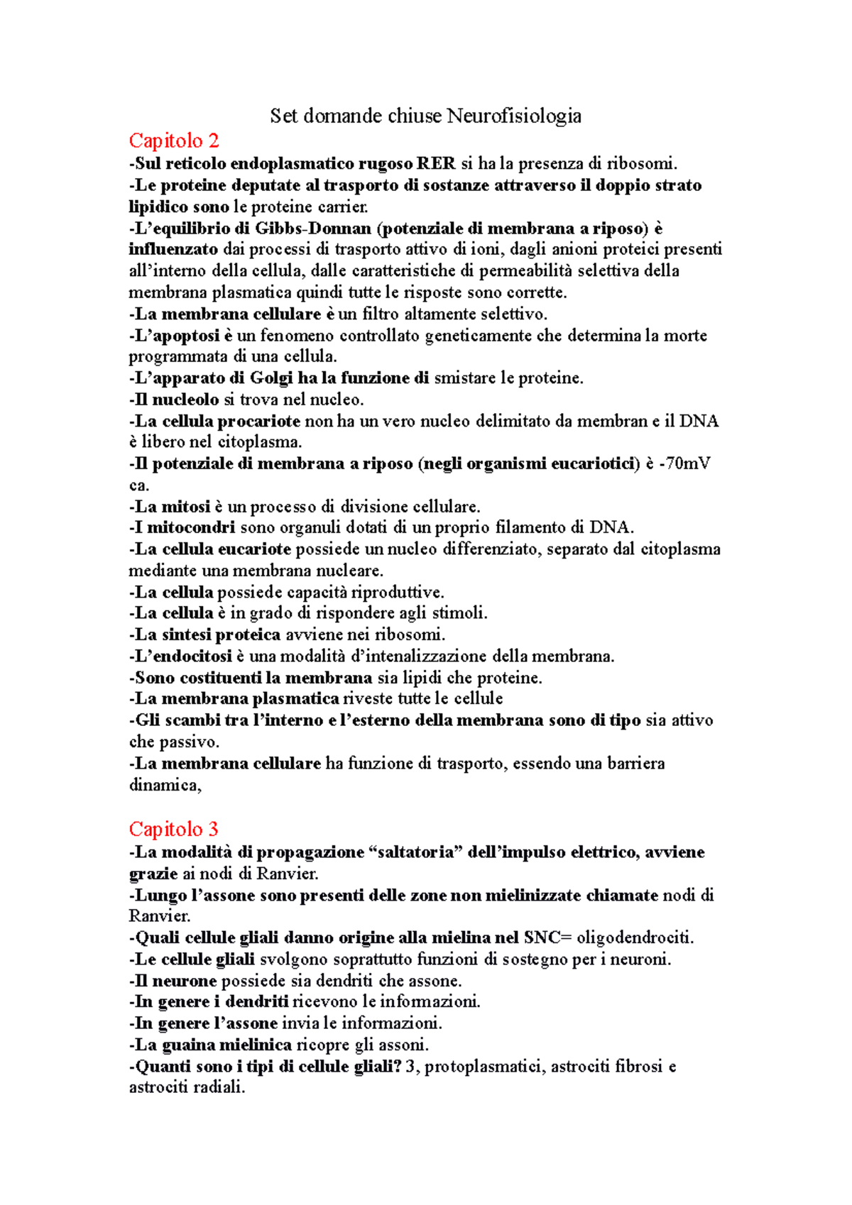 Set di Domande per l'Esame di Neurofisiologia - Capitoli 2-23 - Studocu