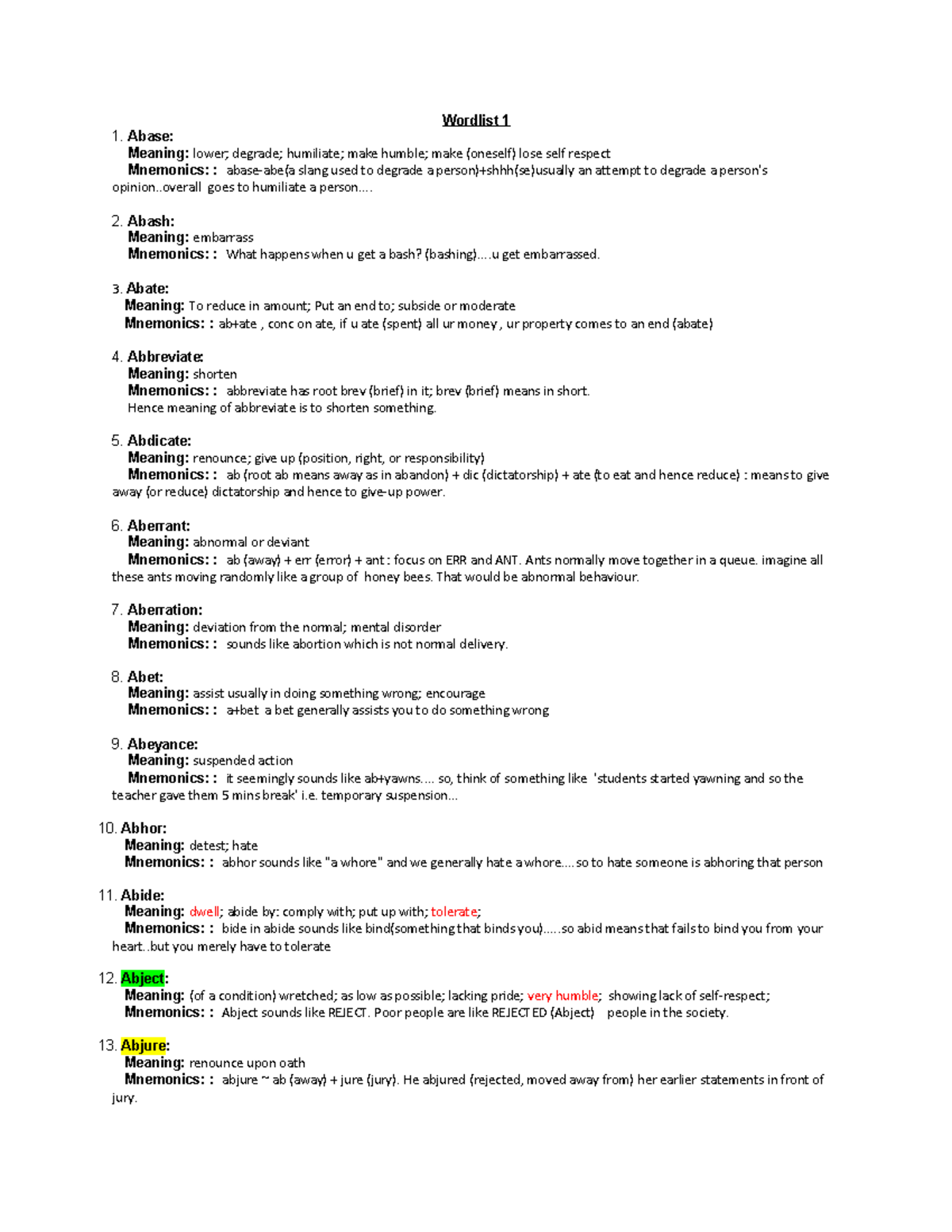 Mnemonics for Vocabulary - Wordlist with Mnemonic Techniques - Studocu