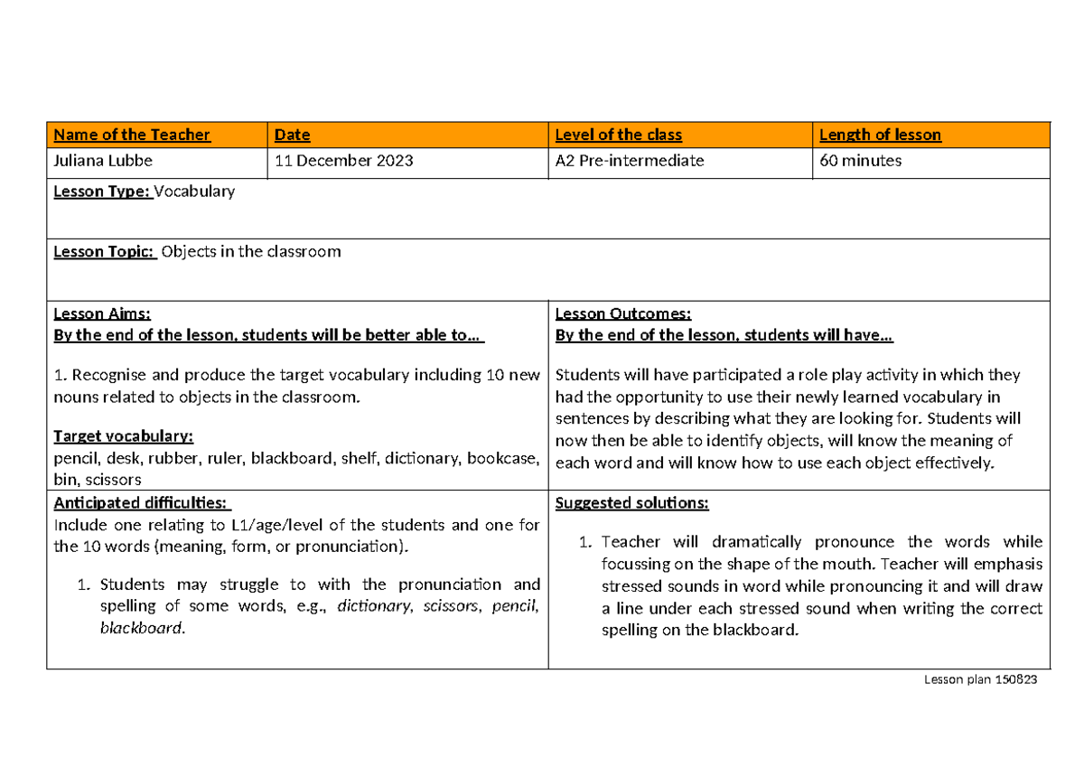 Juliana Lubbe A2 Vocabulary Lesson Plan: Classroom Objects - Studocu