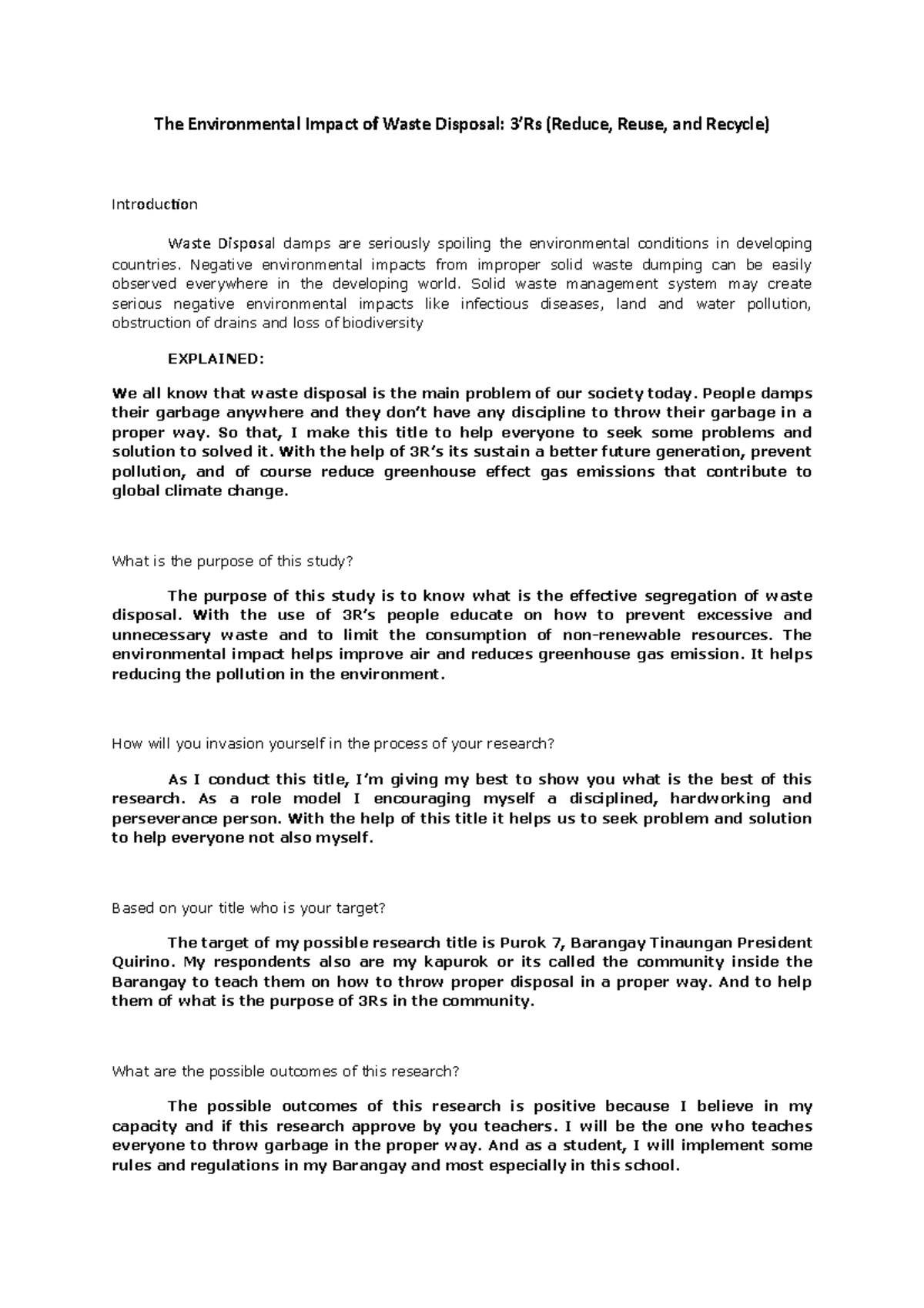 Waste disposal - Research Proposal - The Environmental Impact of Waste ...