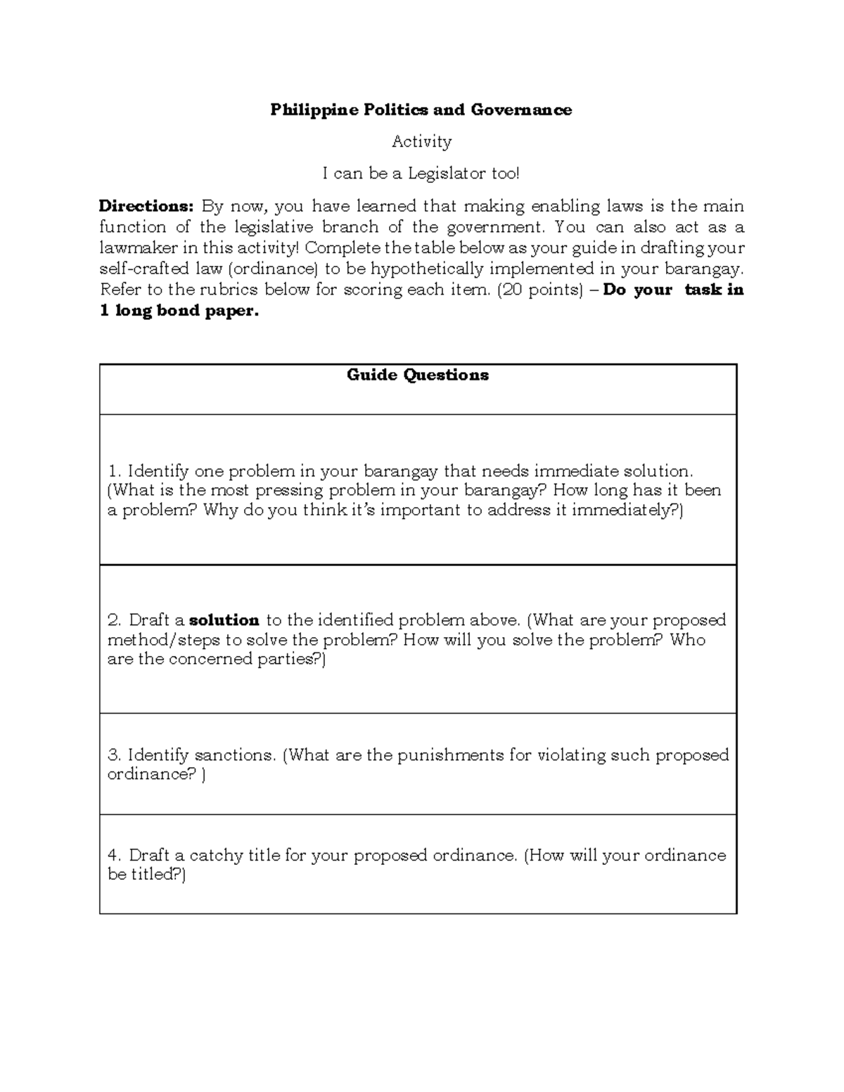 PPG Activity: Crafting Legislation in Philippine Politics - Studocu