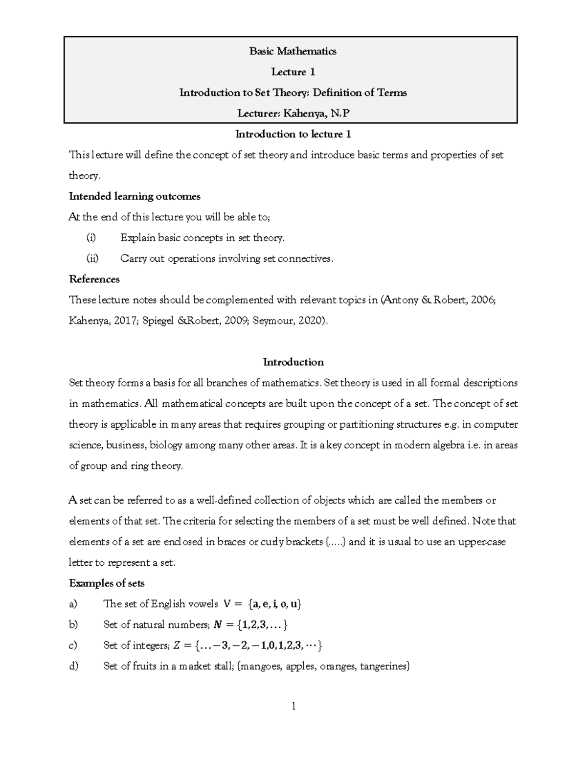 Mathematics Lecture 1: Introduction to Set Theory Concepts and Terms - Studocu
