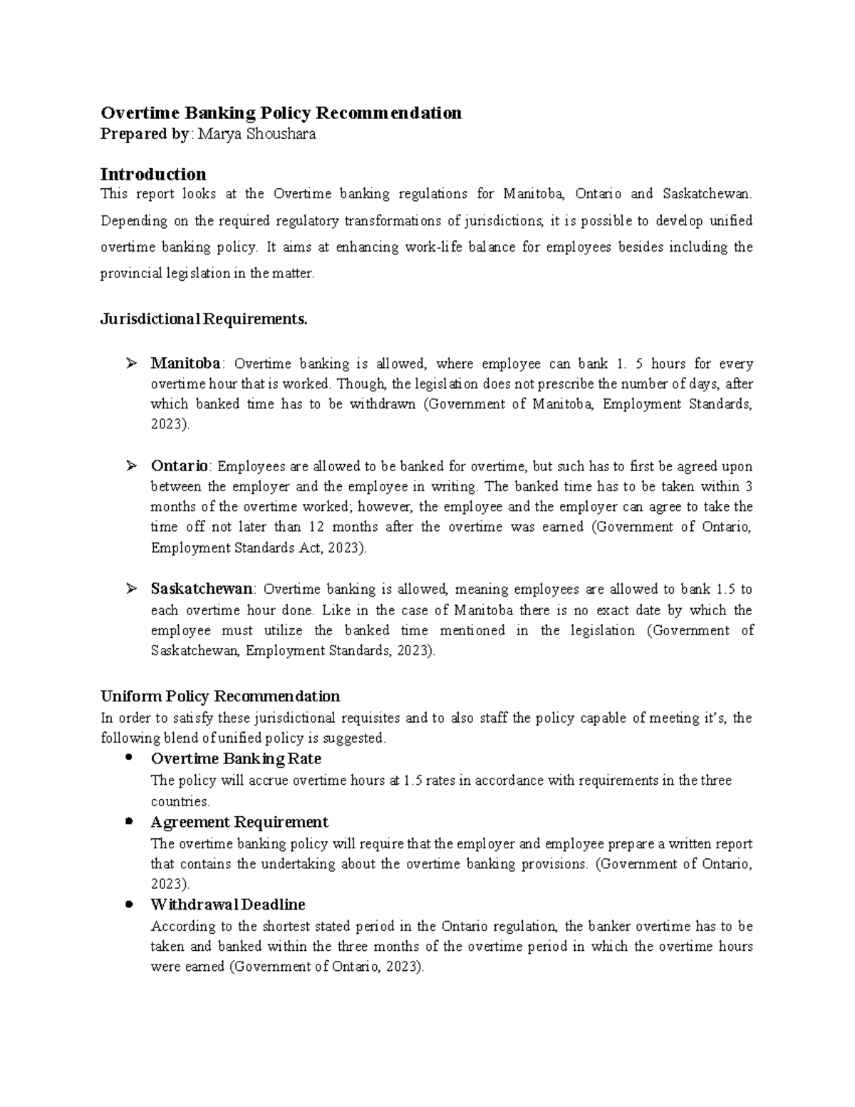 Overtime Banking Policy Recommendation: A Unified Approach for Manitoba ...