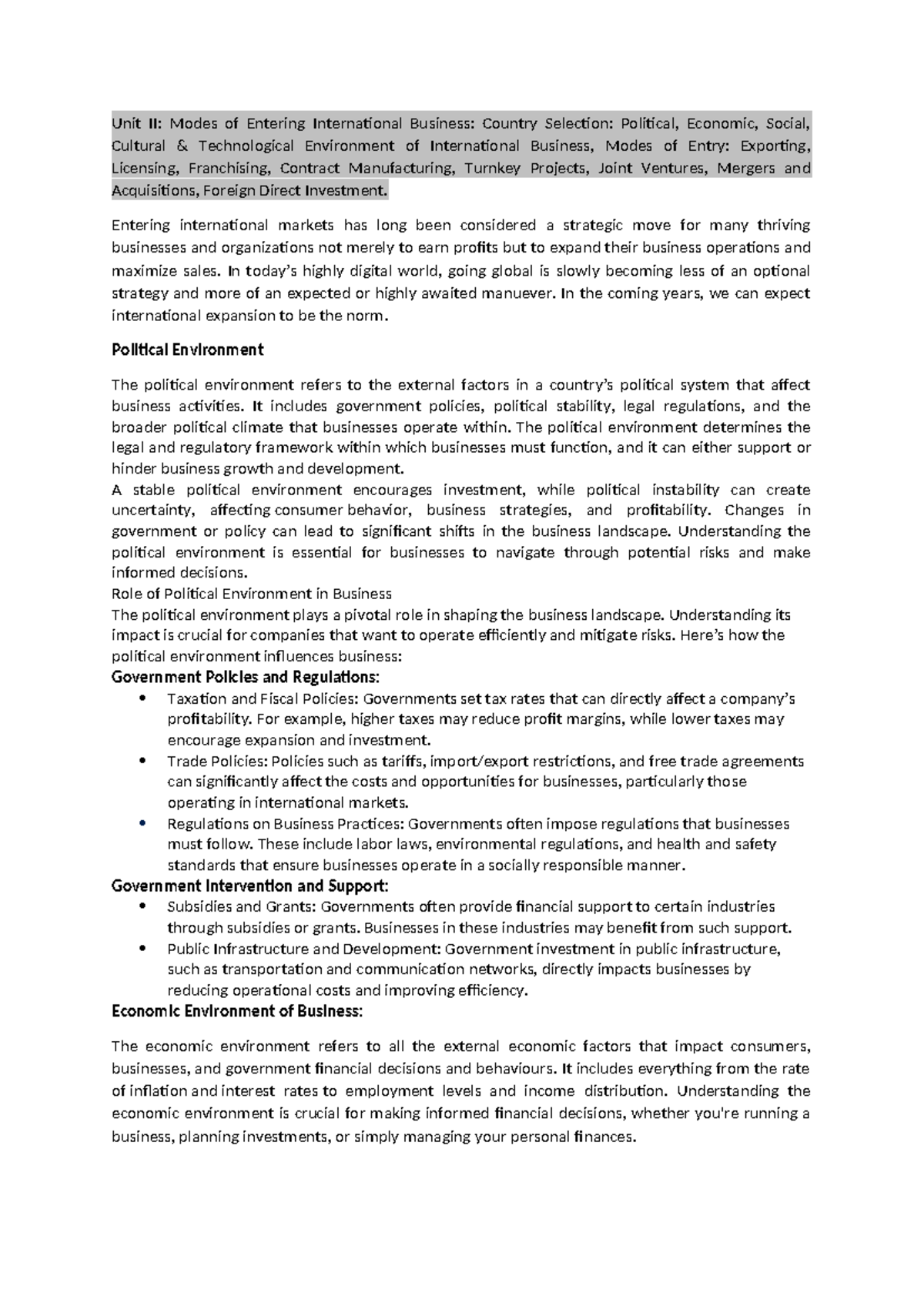 Unit II of business development - Unit II: Modes of Entering ...