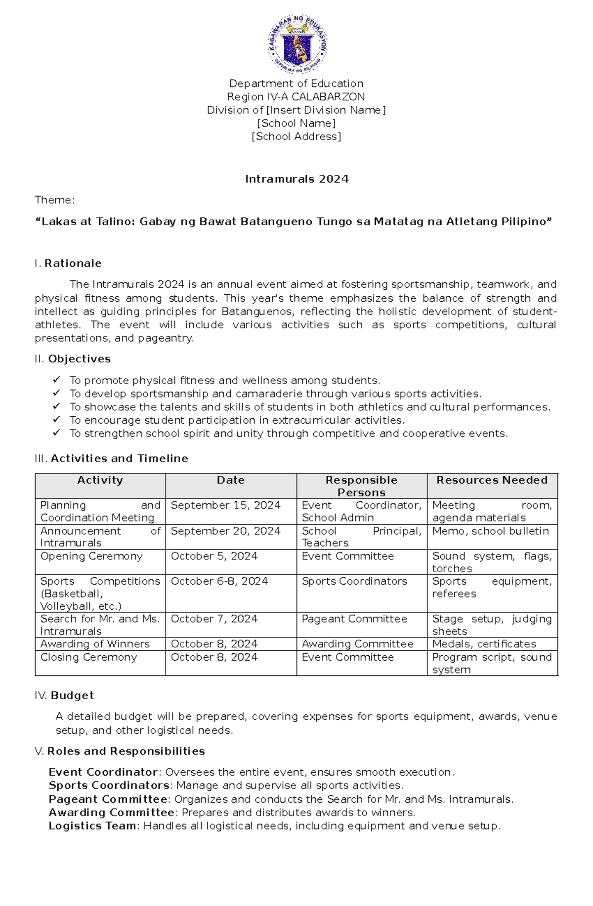 Action Plan Proposal for Intramurals 2024: Talino Theme - Studocu