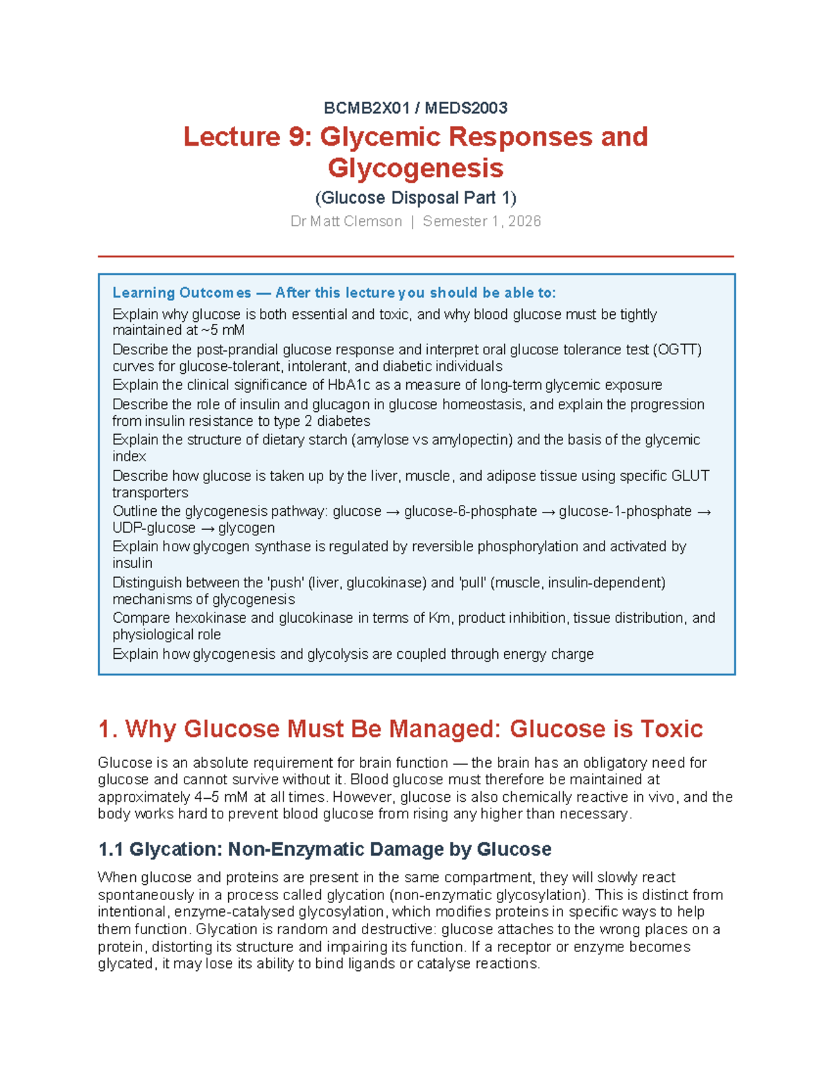 BCMB2X01 MEDS2003 Lecture 9: Glycemic Control & Glycogenesis Overview ...