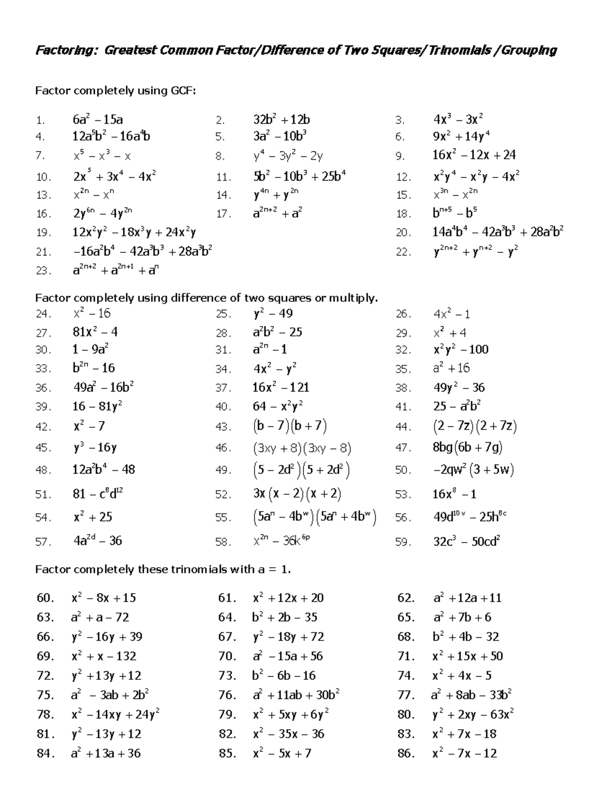Factoring Extra Practice-1 - Factoring: Greatest Com m on Factor ...