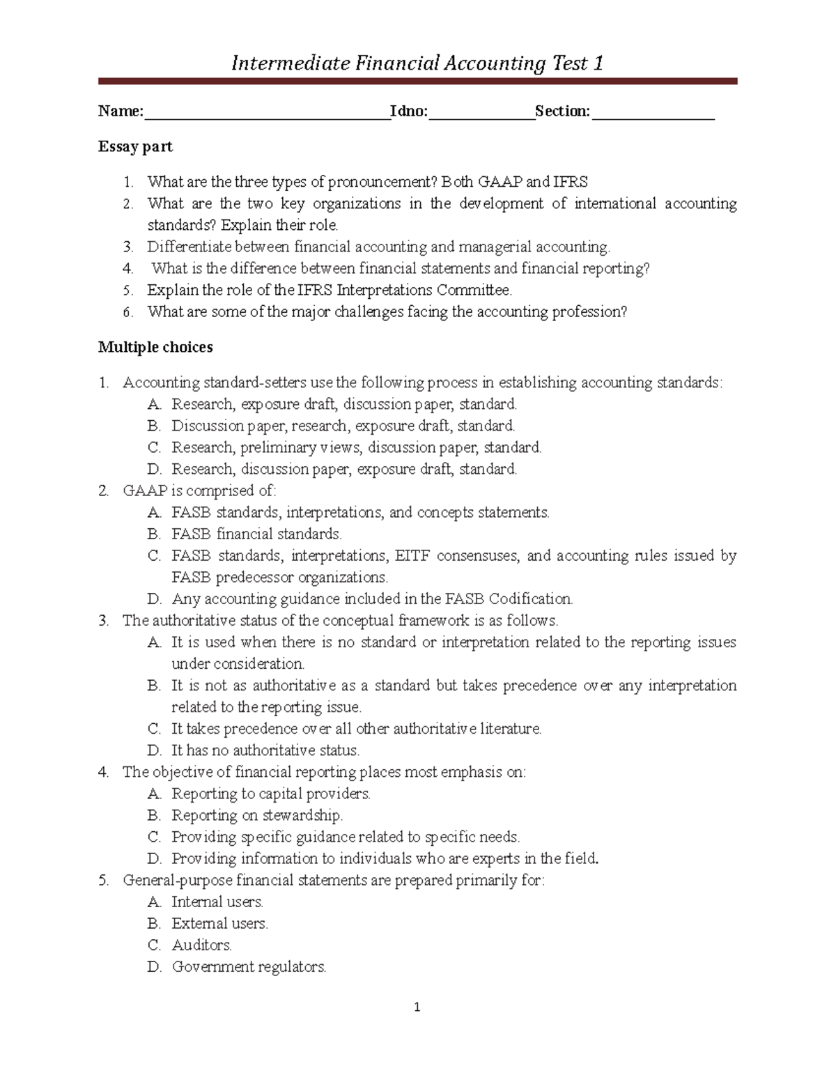 TEST ONE - Test - Intermediate Financial Accounting Test 1 - Studocu