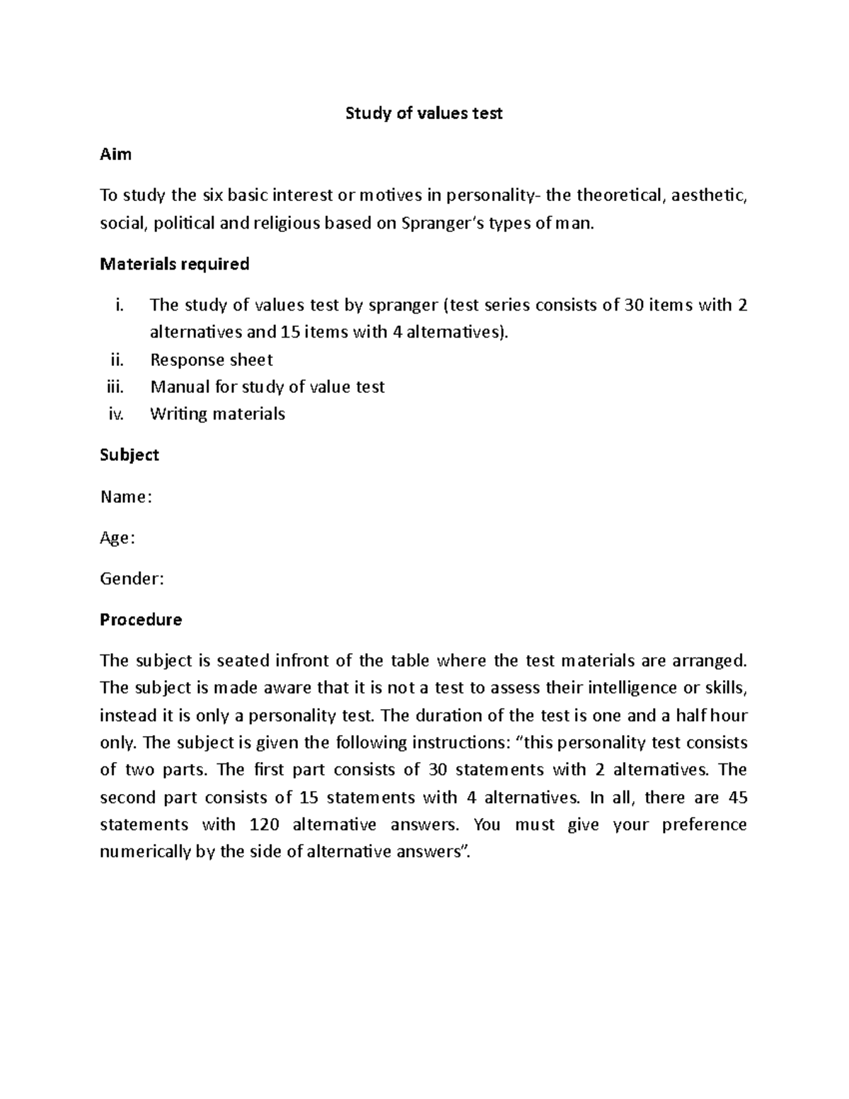 Study of Values Test: Exploring Spranger's Personality Motives - Studocu