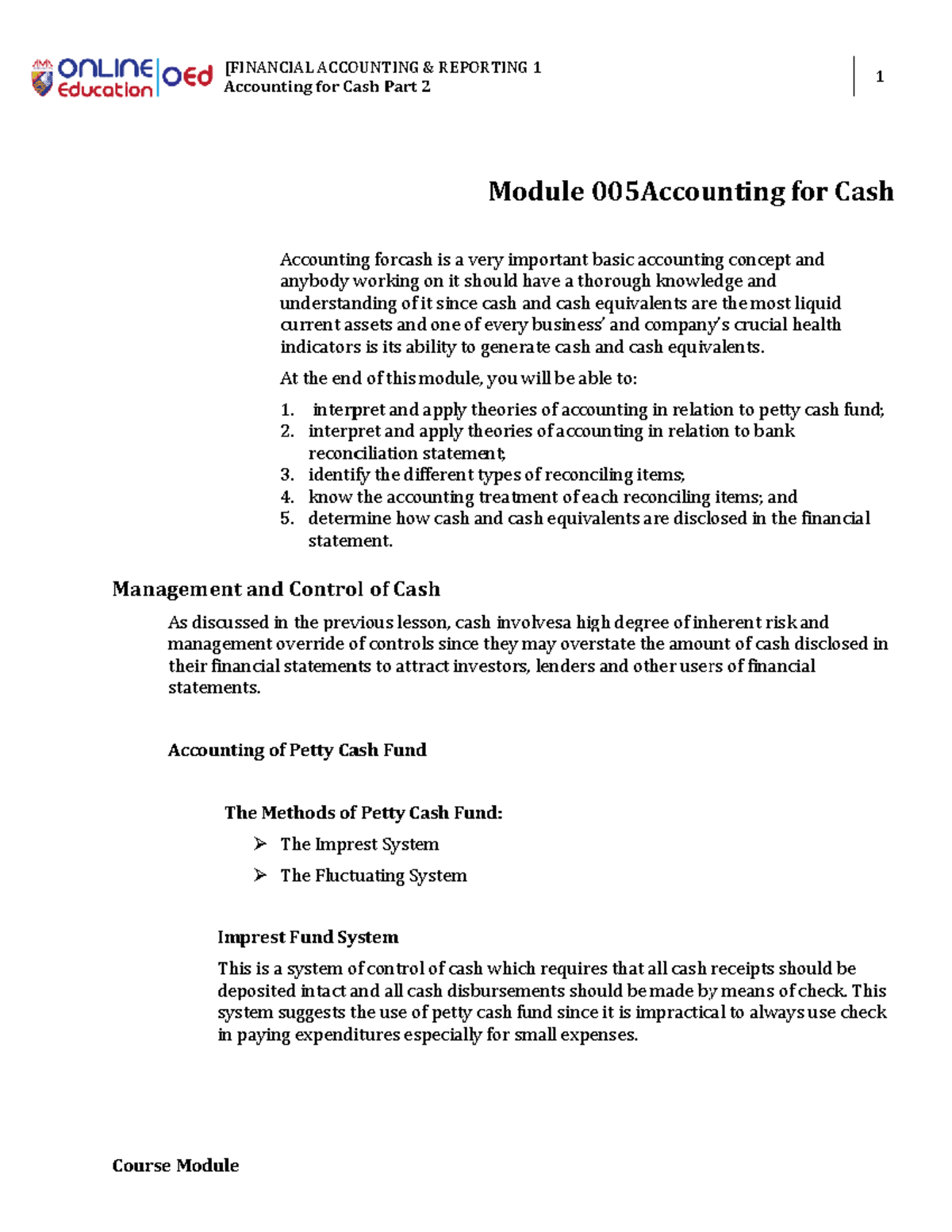 ACCOUNTING REPORTING 1: Cash Management & Reconciliation Module 005 ...