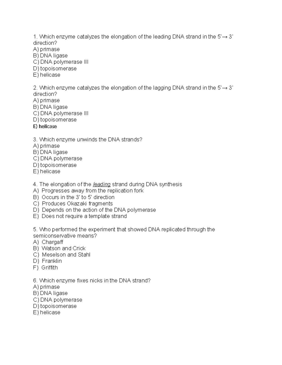 Week 9 Quiz: Enzymes in DNA Replication and Synthesis - Studocu