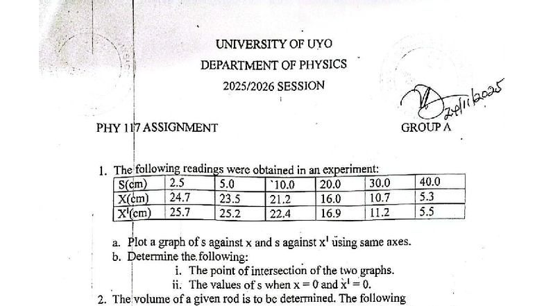 PHY 117 Assignment Group A: Experimental Analysis and Calculations ...