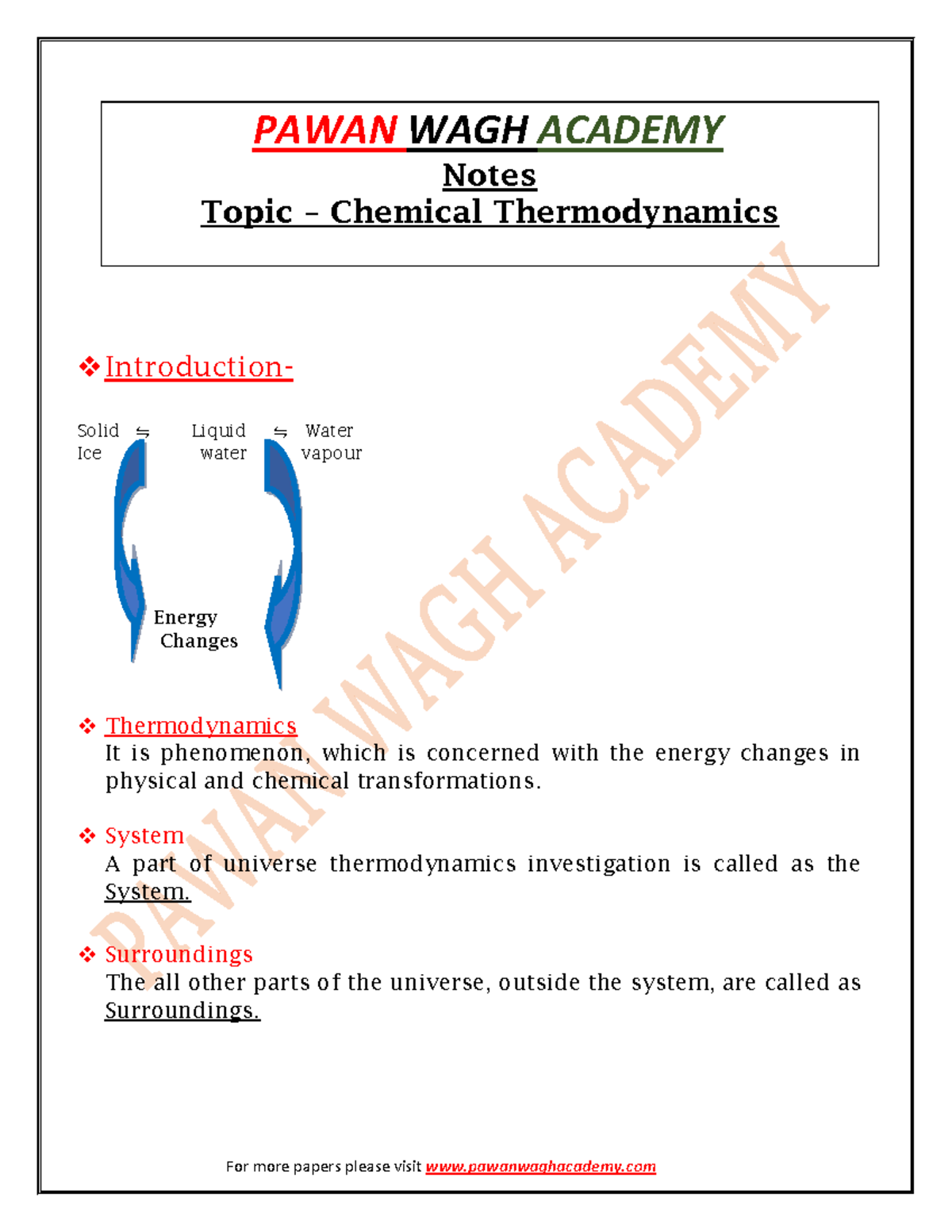 Chemical Thermodynamics Notes - PAWAN WAGH ACADEMY (12th Grade) - Studocu