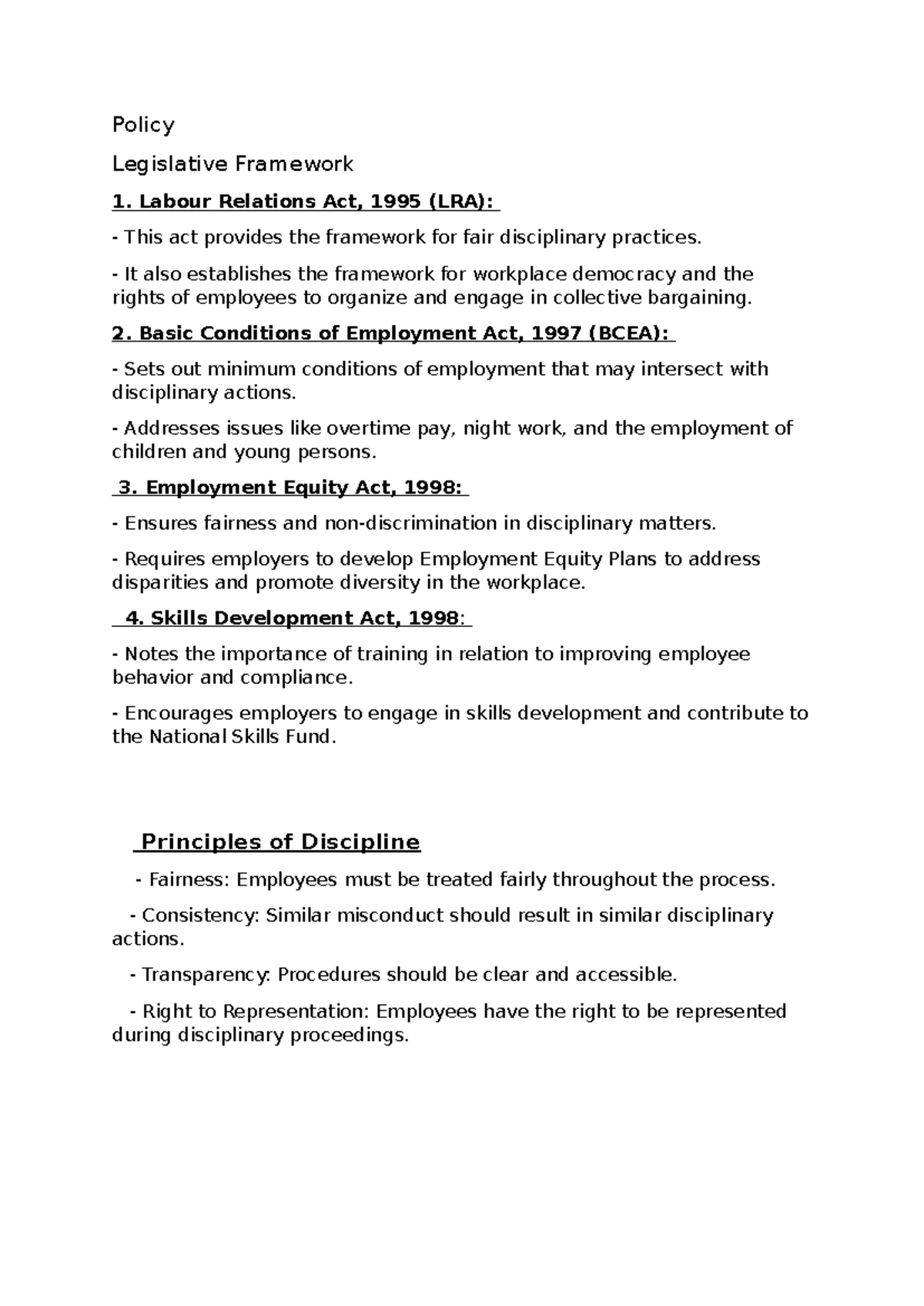 Legislative Framework on Labour Relations and Employment Acts - Studocu