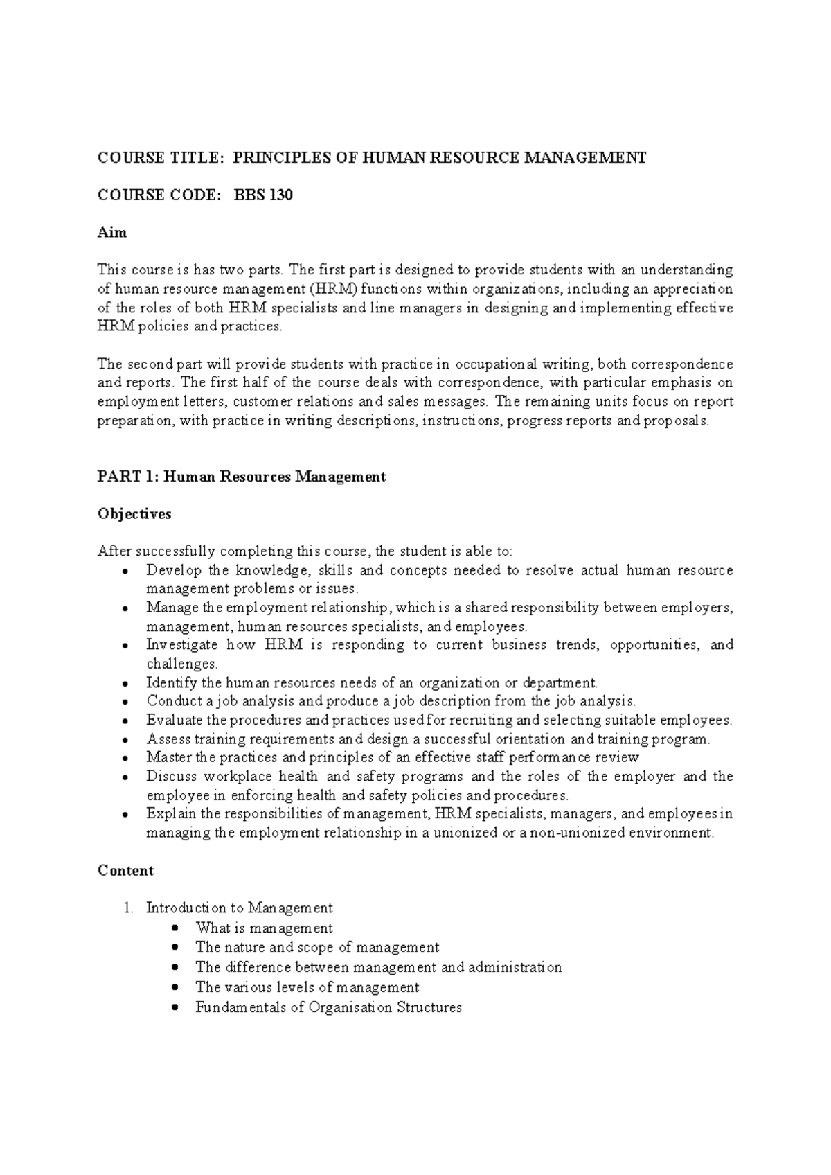 BBS 130: Principles of Human Resource Management Course Outline - Studocu