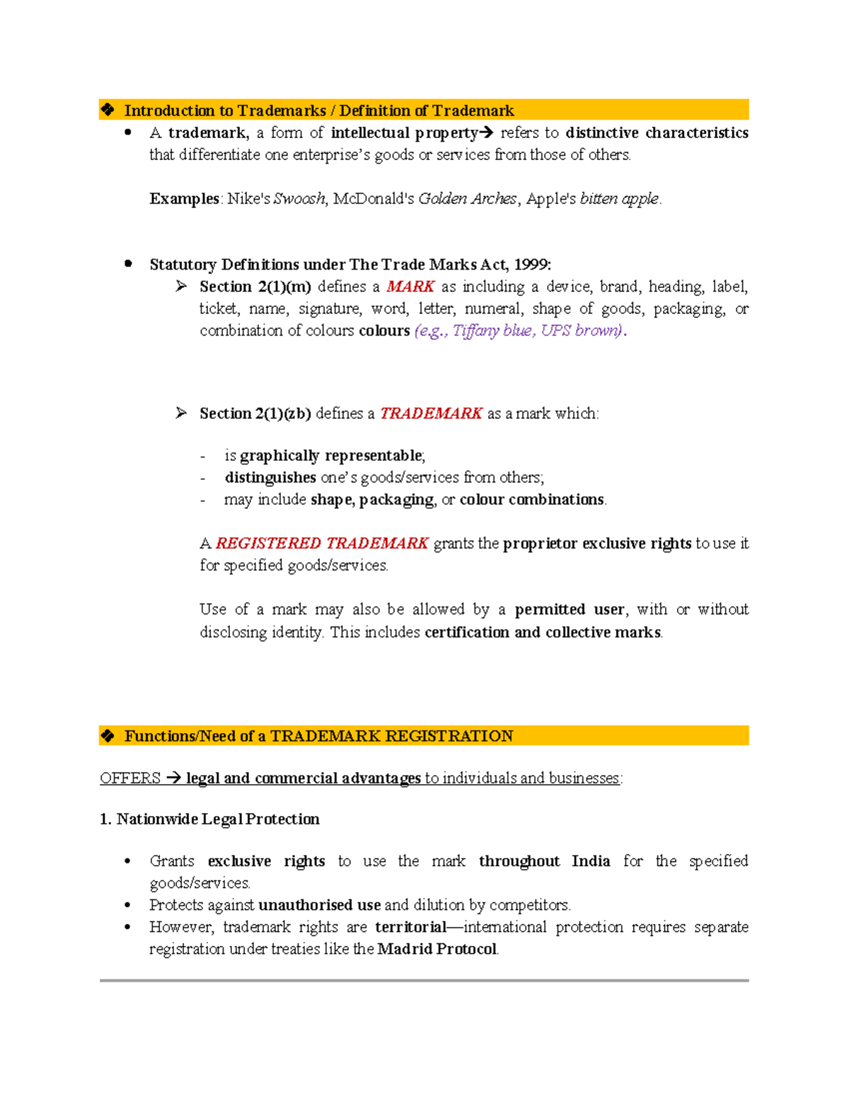 IPR UNIT 2 - Comprehensive Overview of Trademarks Act 1999 - Studocu