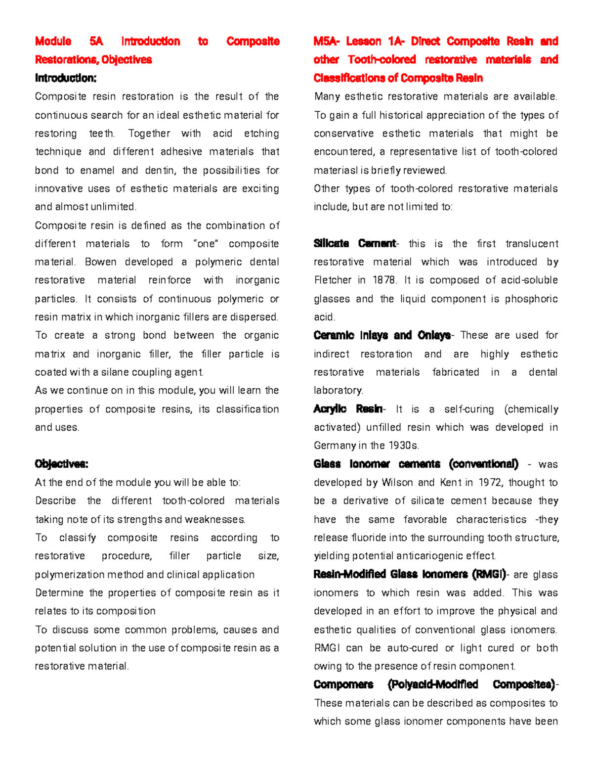 OPD 2 LEC - Module 5: Composite Resins and Restorative Materials - Studocu
