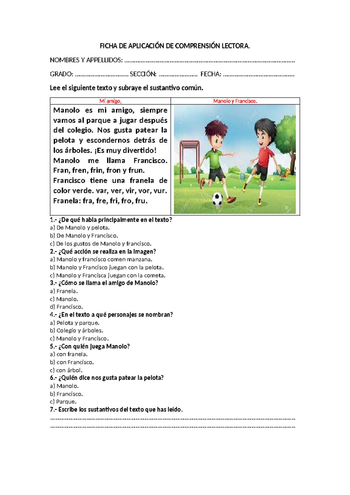 FICHA DE APLICACIÓN DE COMPRENSIÓN LECTORA: MANOLO Y FRANCISCO - Studocu