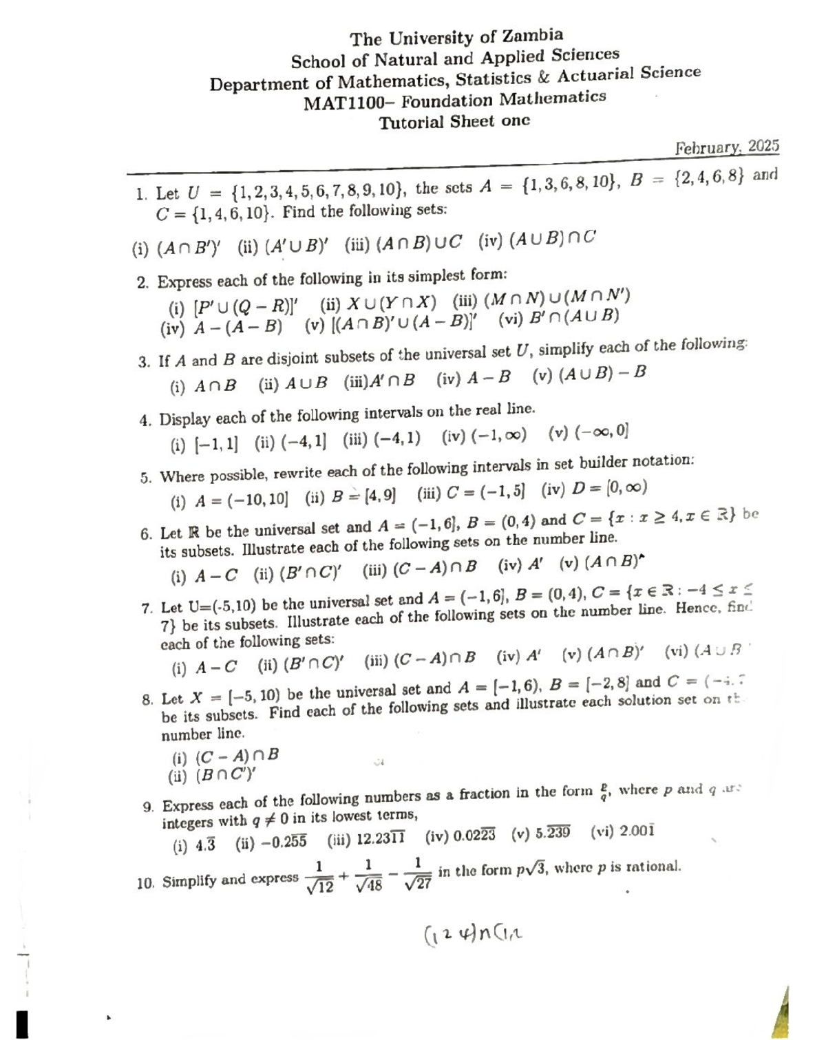 MATH Foundation Mathematics Tutorial Sheets 1-8 Overview - Studocu