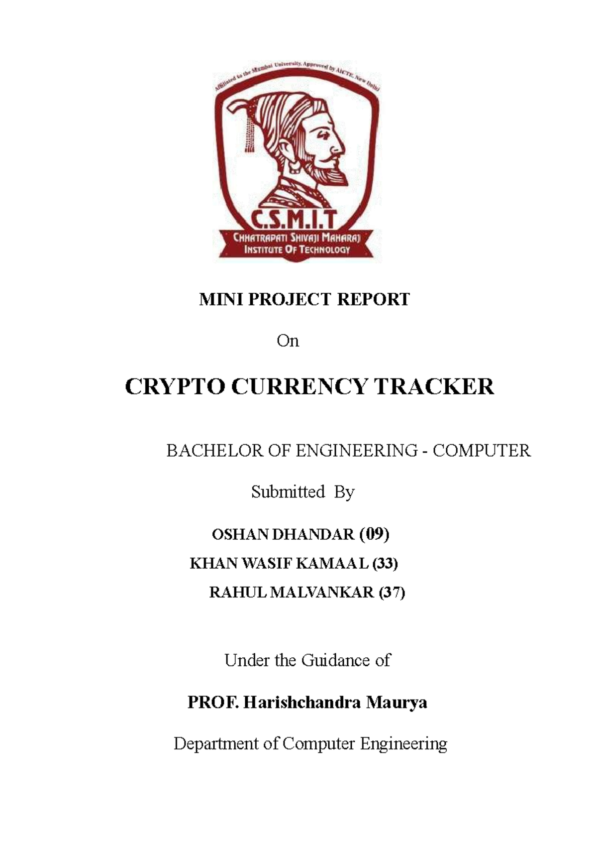 BE-7 Mini Project Report: Crypto Currency Tracker - Studocu