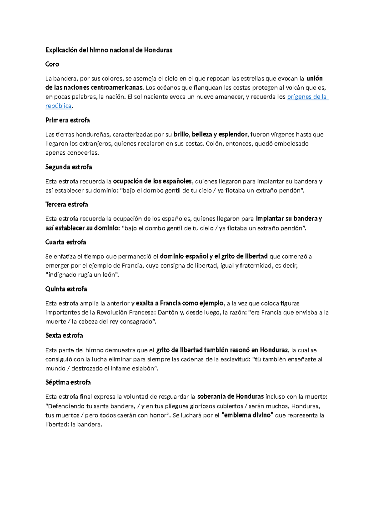 Análisis del Himno Nacional de Honduras: Significado y Estrofas - Studocu