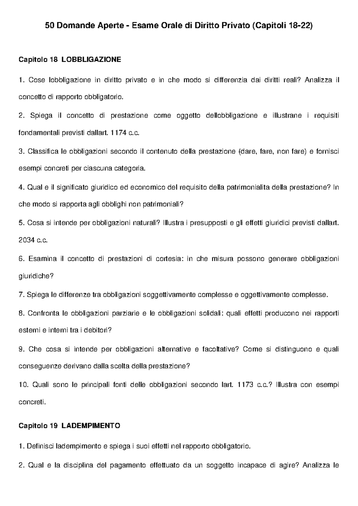 50 Domande Esame Orale Diritto Privato (Capitoli 18-22) - Studocu