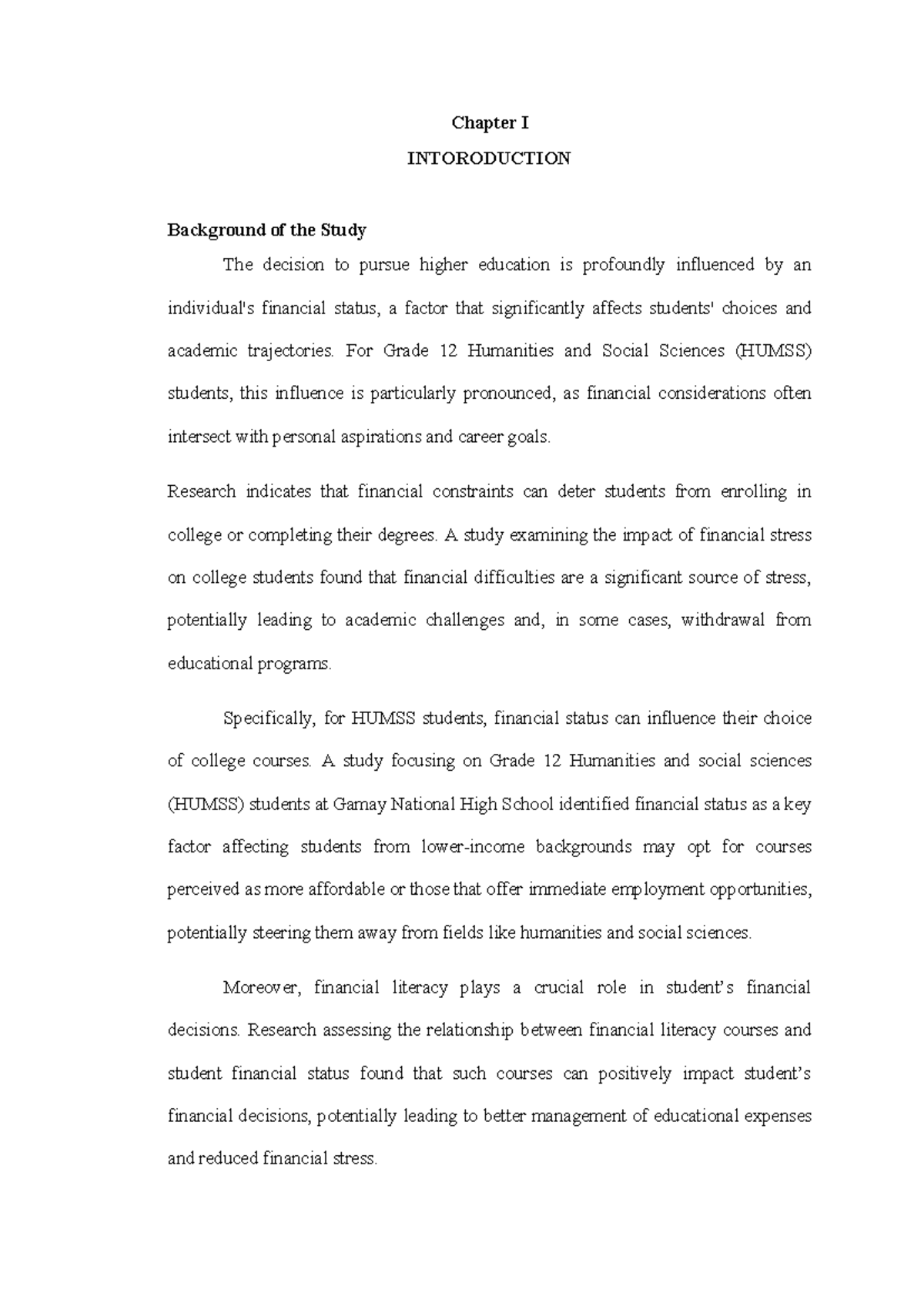 Chapter I: Financial Status and College Degree Preferences of Grade 12 ...