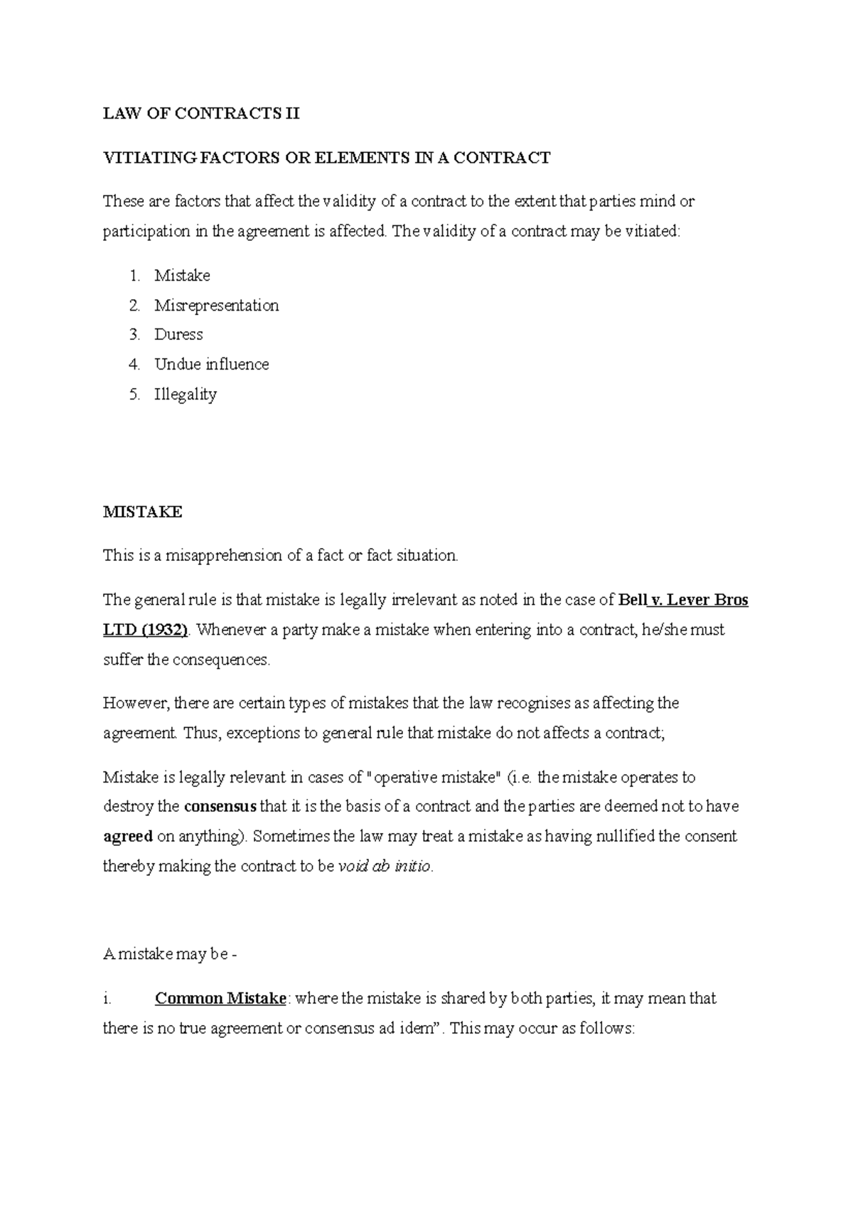 Contract LAW 2: Vitiating Factors and Discharge of Contracts Notes ...